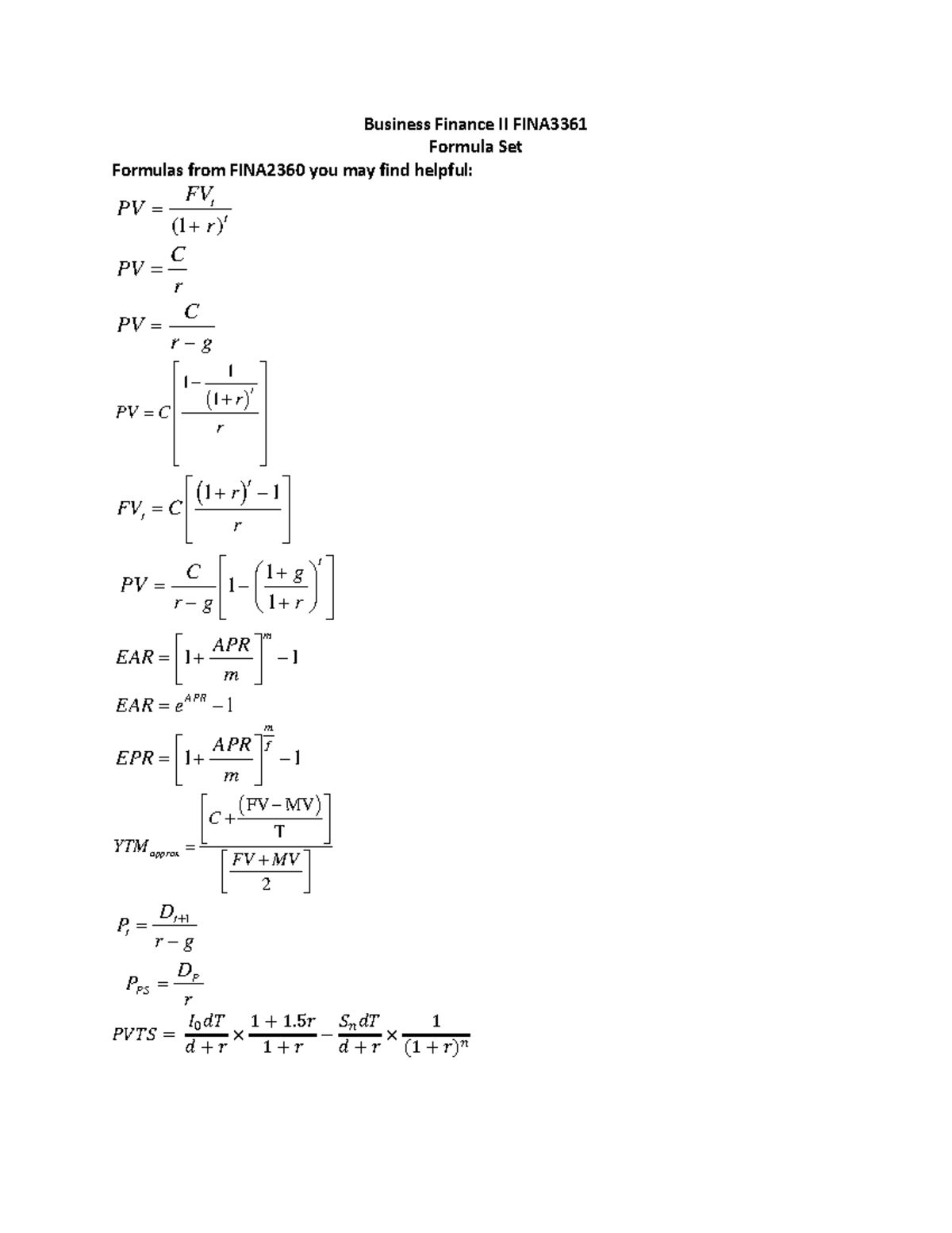 Midterm Formula Set FINA 3361F23 - Business Finance II FINA Formula Set Formulas from FINA2360 ...