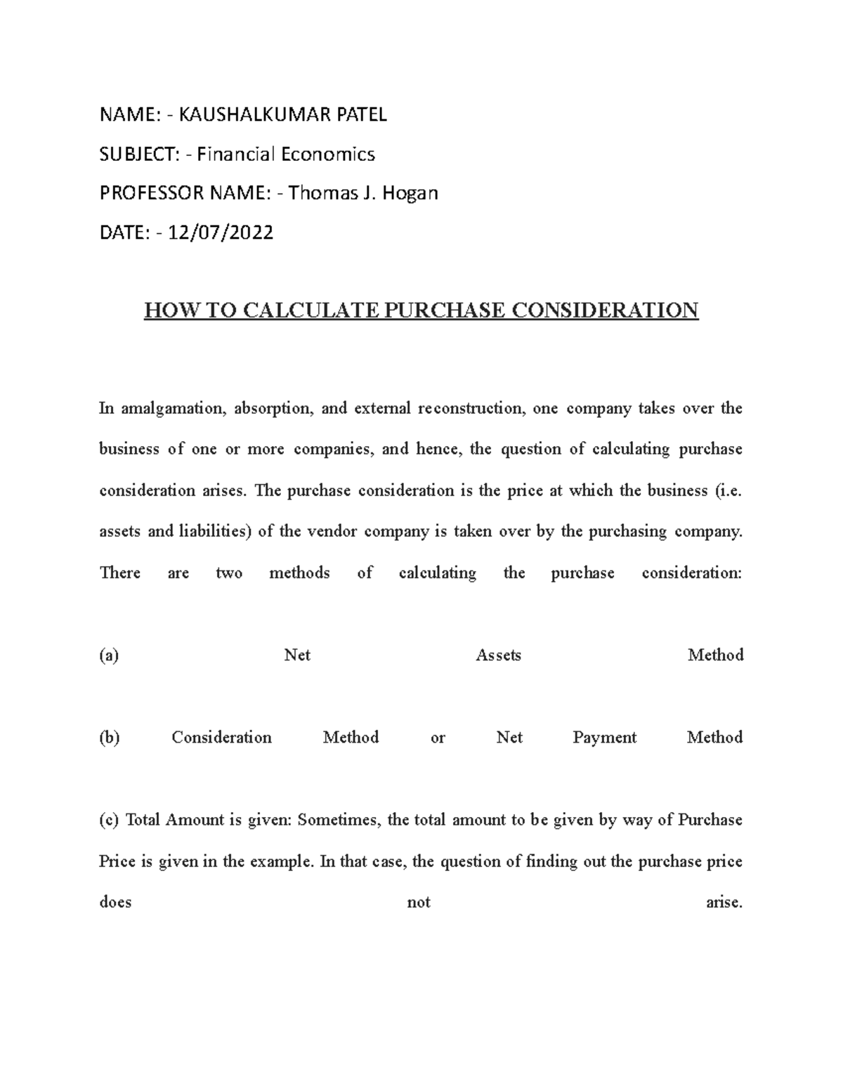 HOW TO Calculate Purchase Consideration - NAME: - KAUSHALKUMAR PATEL ...