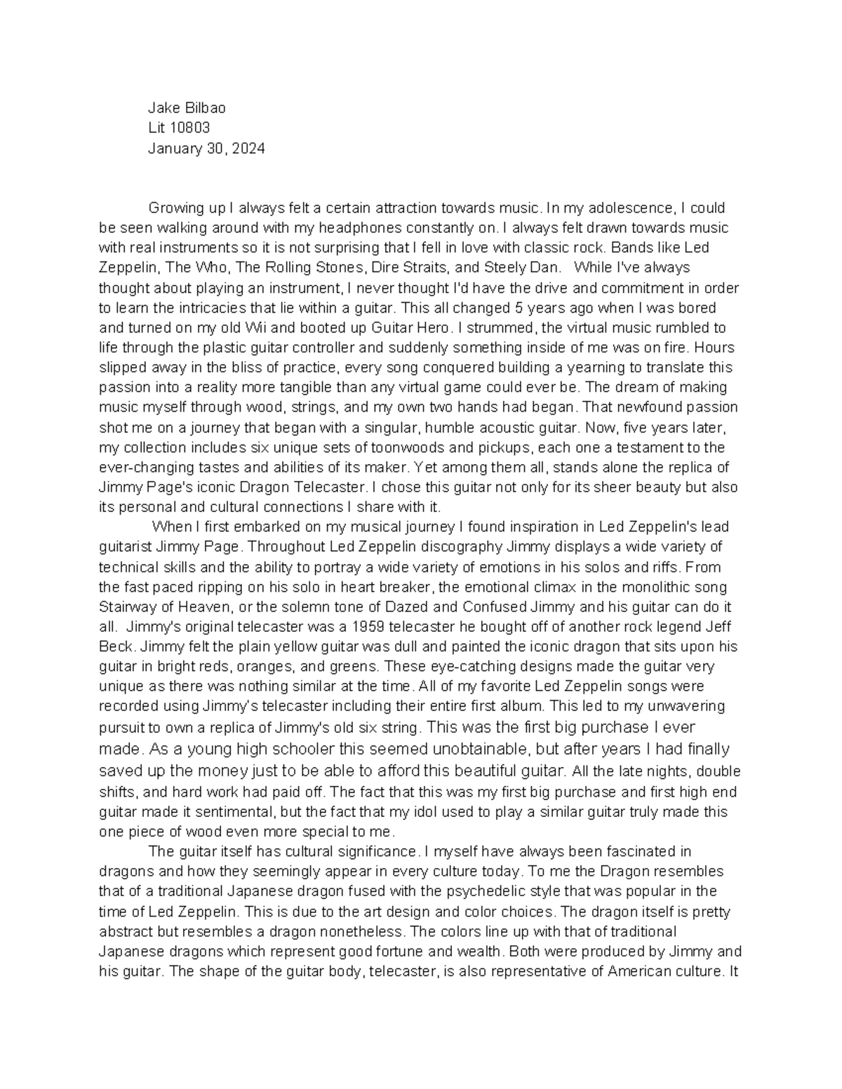 Artifact essay. - Jake Bilbao Lit 10803 January 30, 2024 Growing up I ...