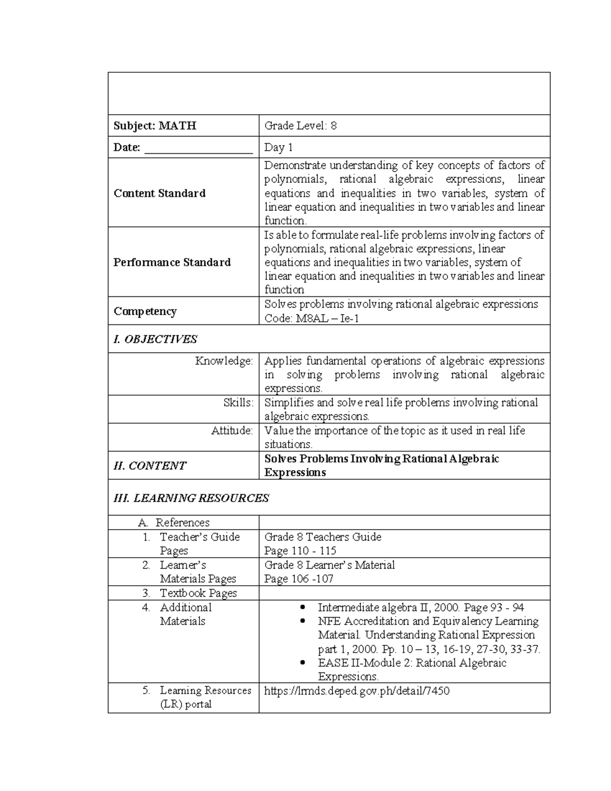 DLP-8 - good start - Subject: MATH Grade Level: 8 Date ...