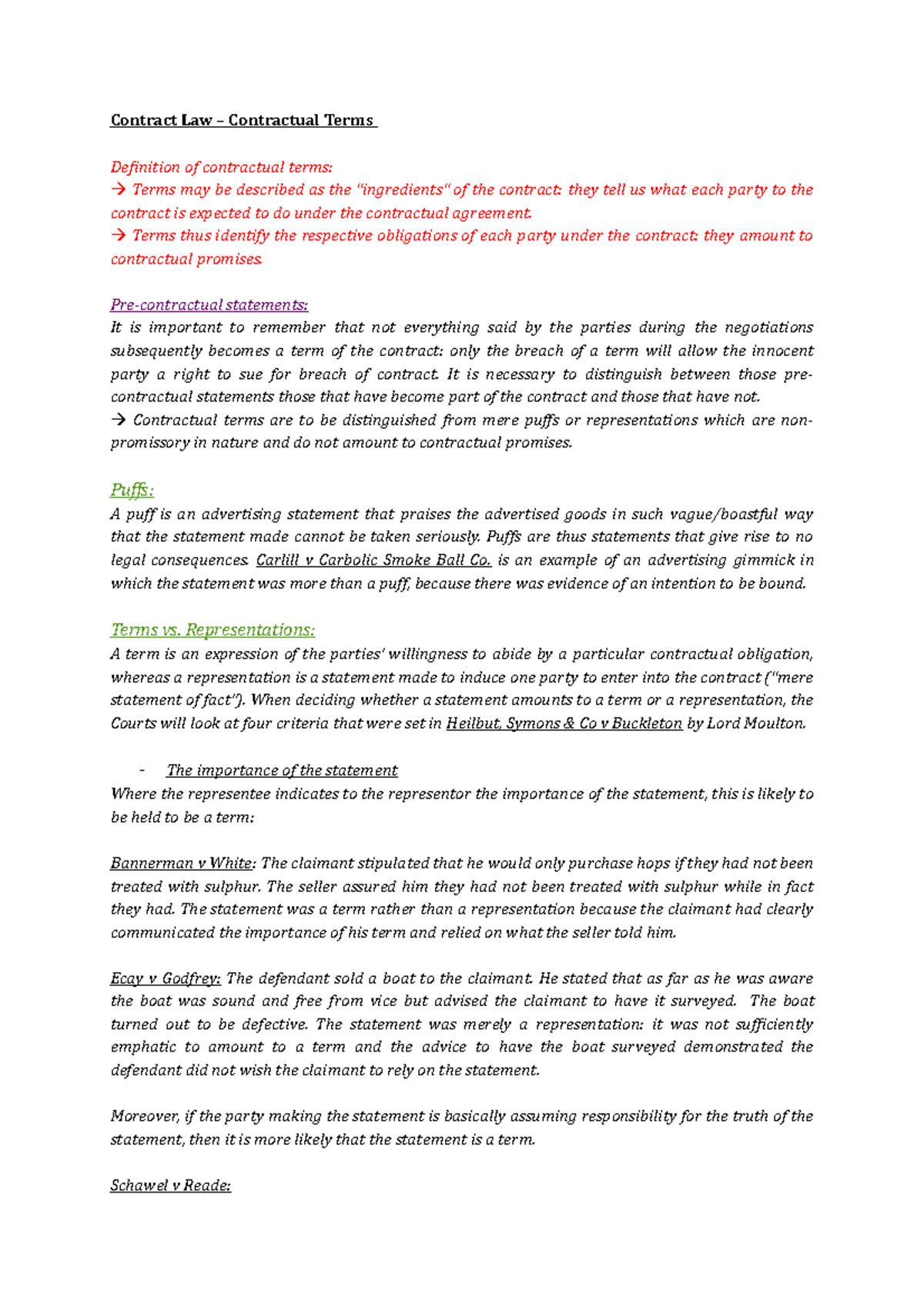 7. Contractual Terms - Revision notes from lecture + book - Contract ...