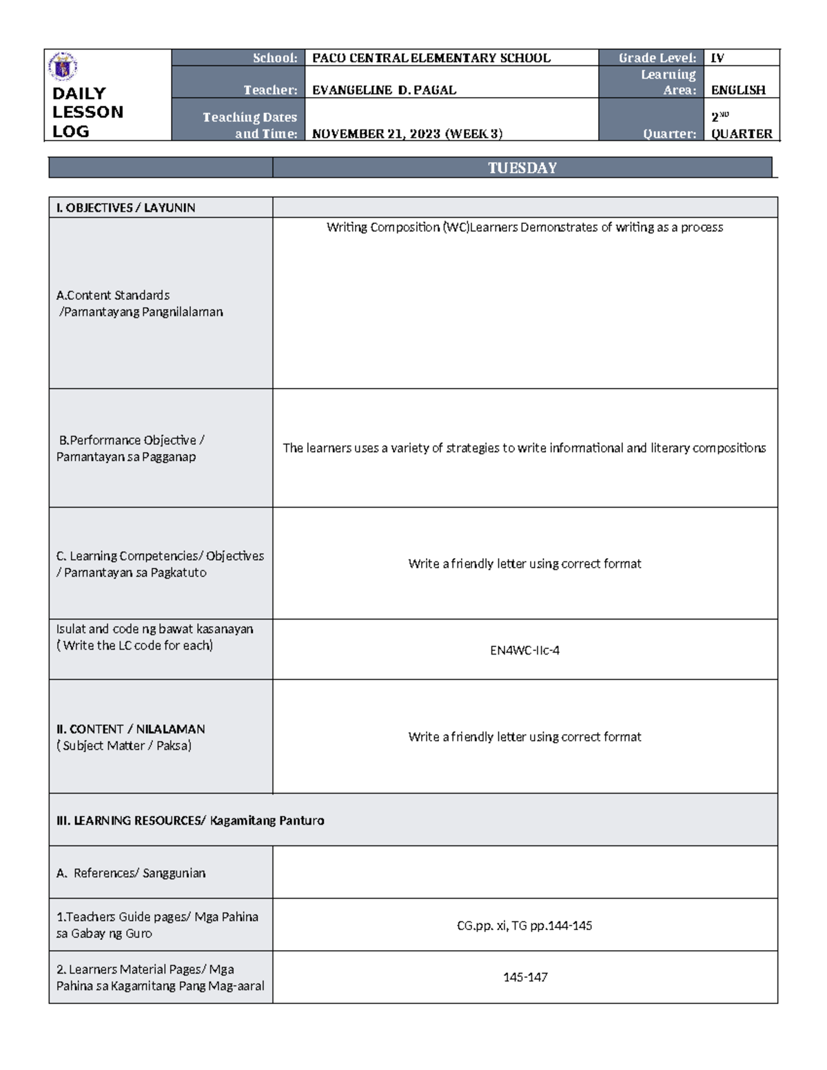 Eng - Lesson plan - DAILY LESSON LOG School: PACO CENTRAL ELEMENTARY ...