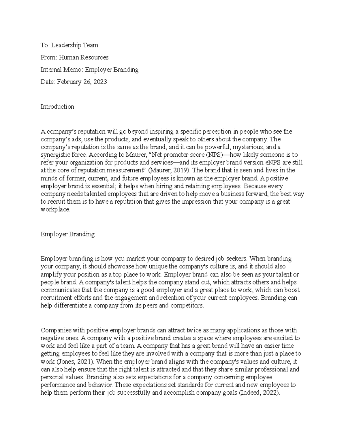 HRM5090 Assignment 3 - Essay - To: Leadership Team From: Human ...