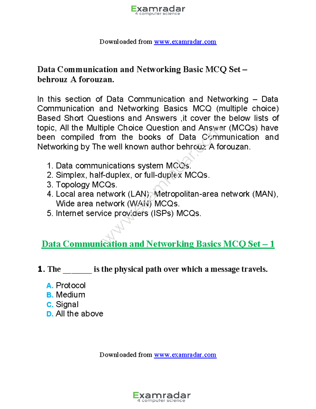 CH 1 data communication networking basic mcq set behrouz forouz - Data Communication and ...