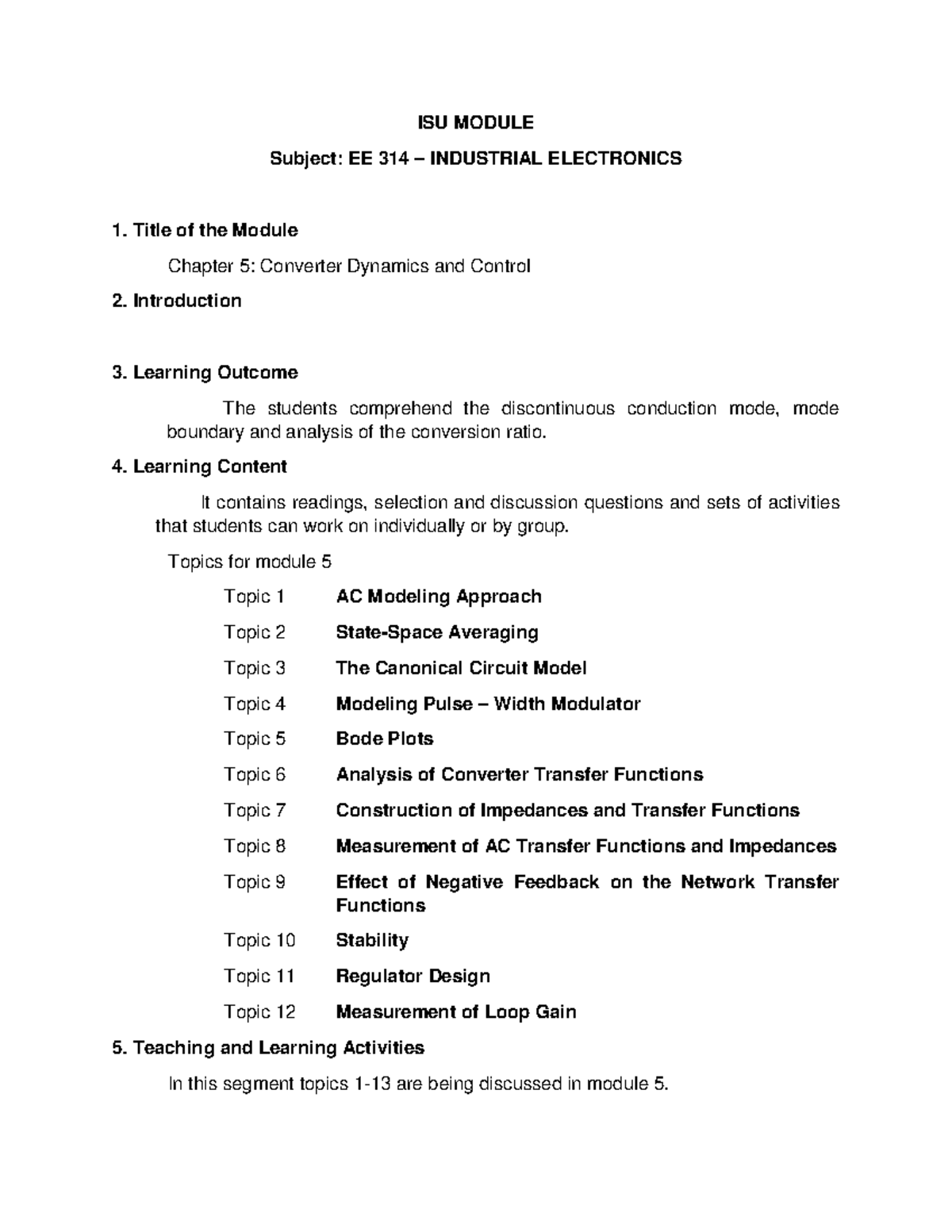 EE314 Module Chapter 5 - ISU MODULE Subject: EE 314 – INDUSTRIAL ELECTRONICS Title of the Module ...