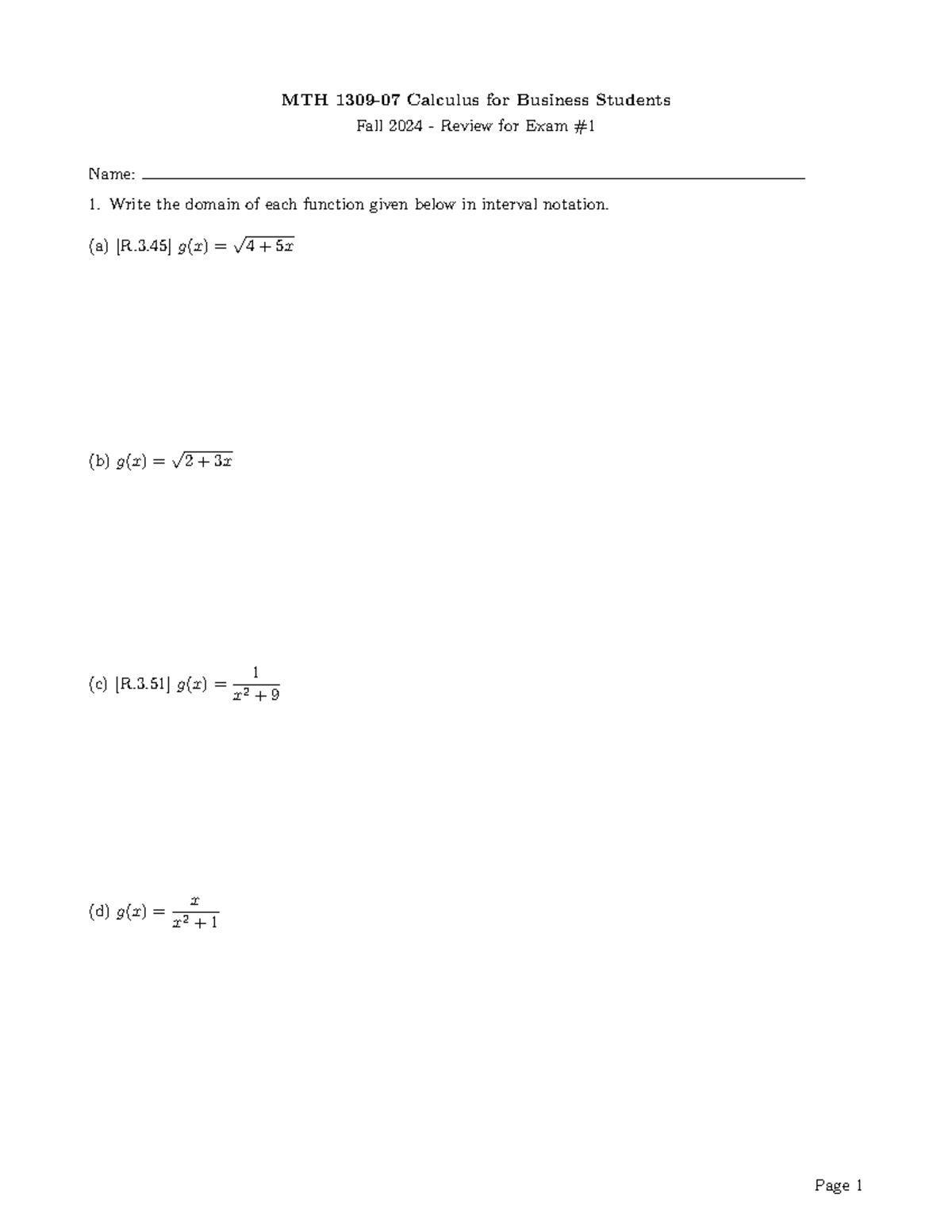 MTH1309 Fall2024 Review 1 - MTH 1309-07 Calculus for Business Students ...