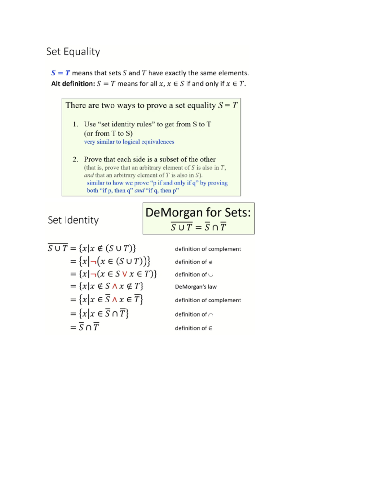 Eecs 203 Part 2 Lecture Notes From Greg Bodwin Set Equality S T Means That Sets S And T Have