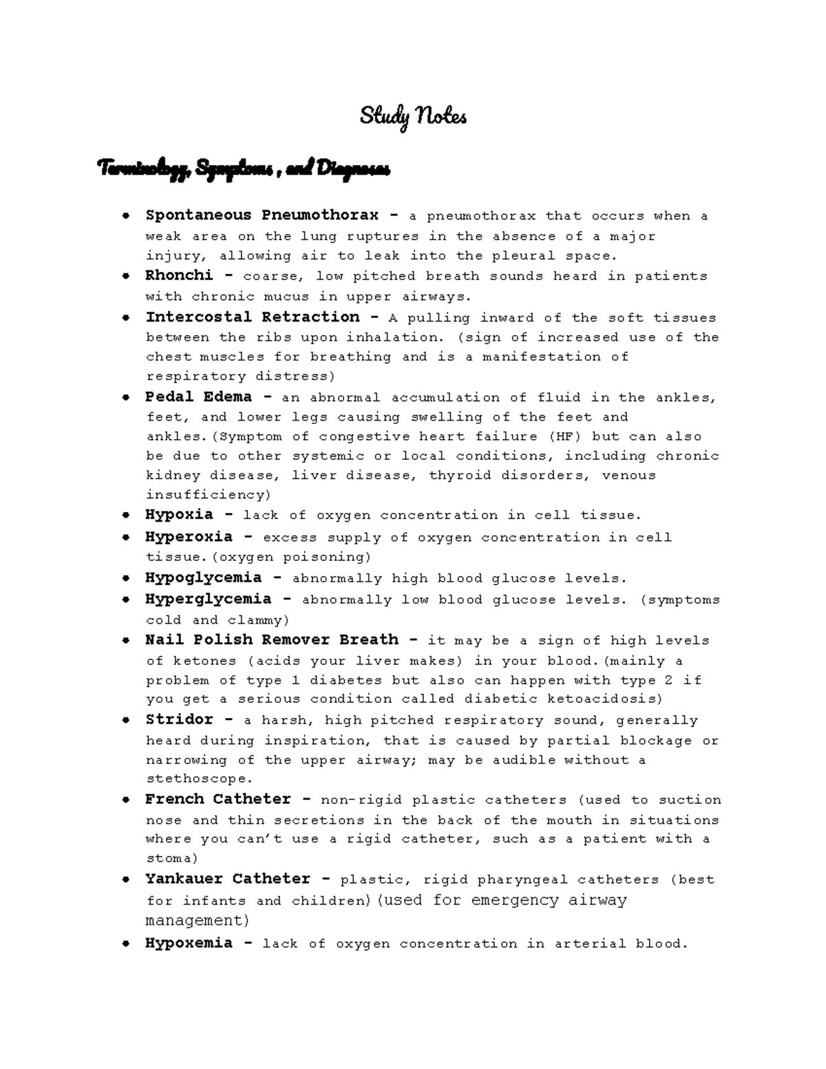 Study Notes - Stud Note Terminolog, Symptom , an Diagnse Spontaneous ...
