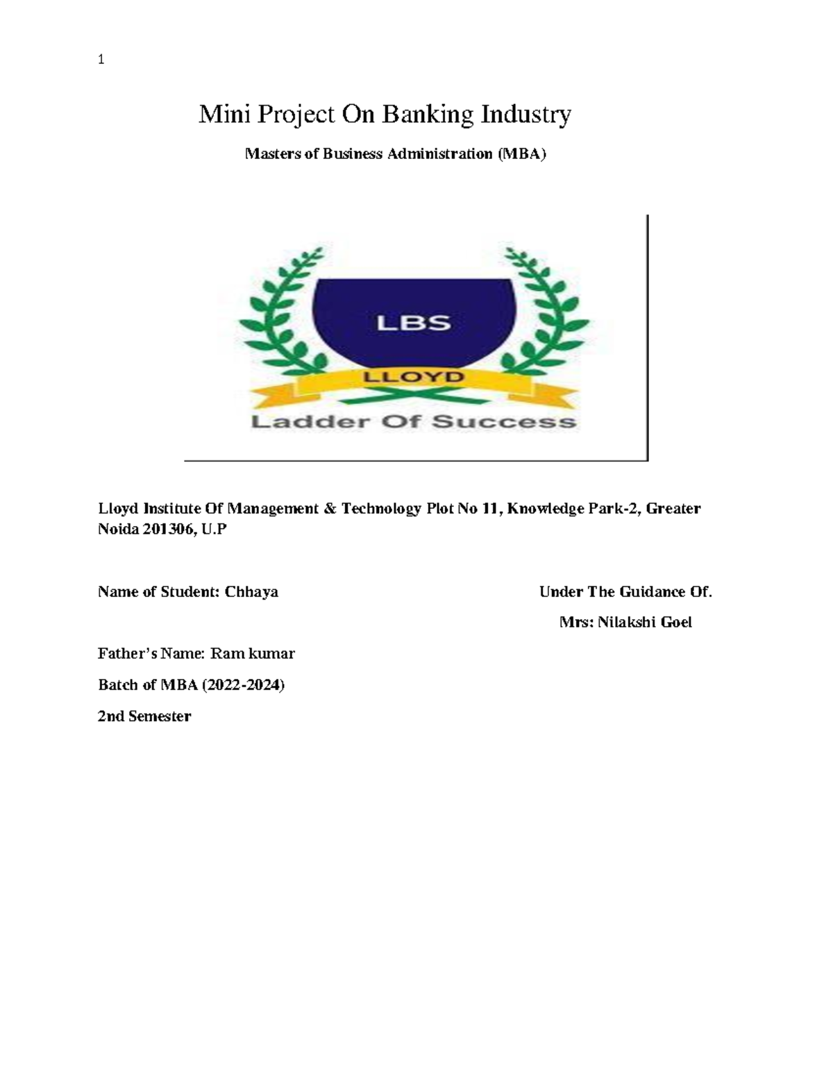 Chhaya 2 semister project - Mini Project On Banking Industry Masters of ...