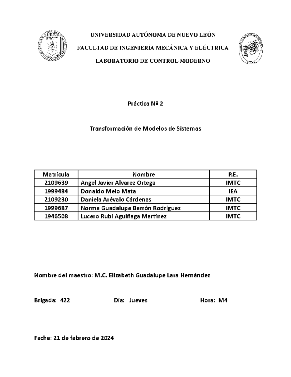 LAB CM P2 EQ1 422 E24 - LAB CONTROL MODERNO PRACTICA 2 - Práctica Nº 2 Transformación de Modelos ...