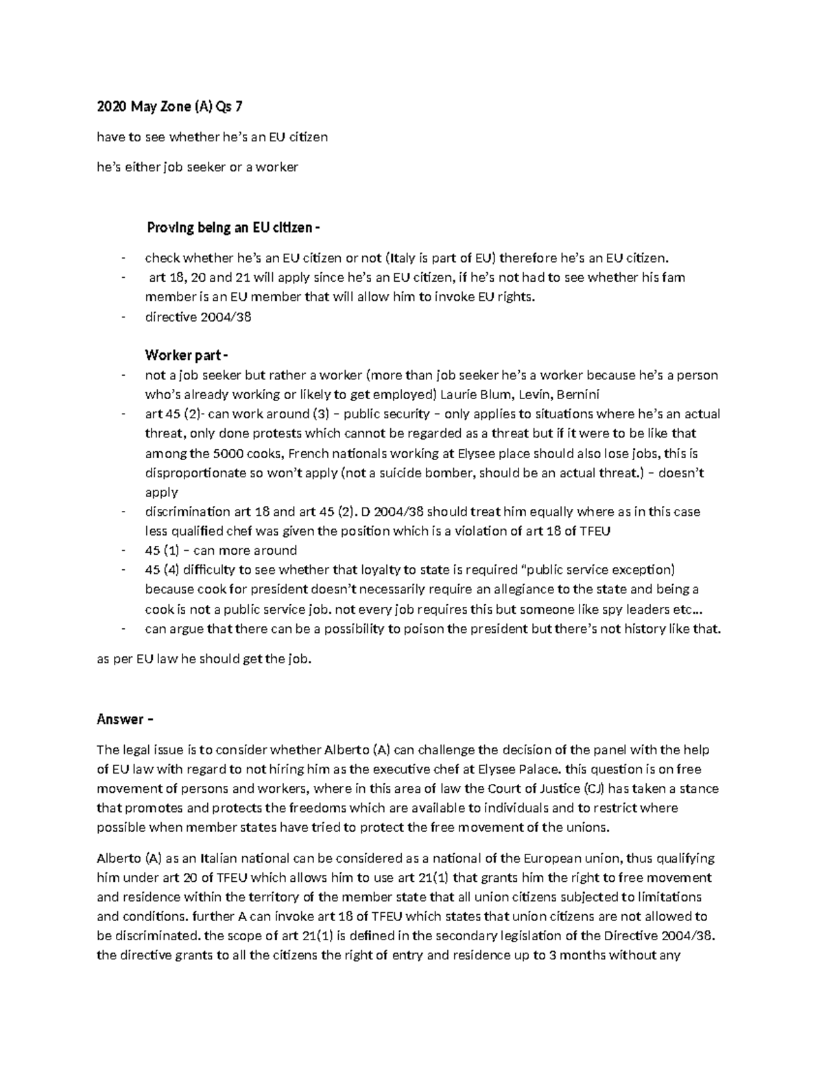 2020 May Zone A Qs 7 - 2020 May Zone (A) Qs 7 have to see whether he’s an EU citizen he’s either ...