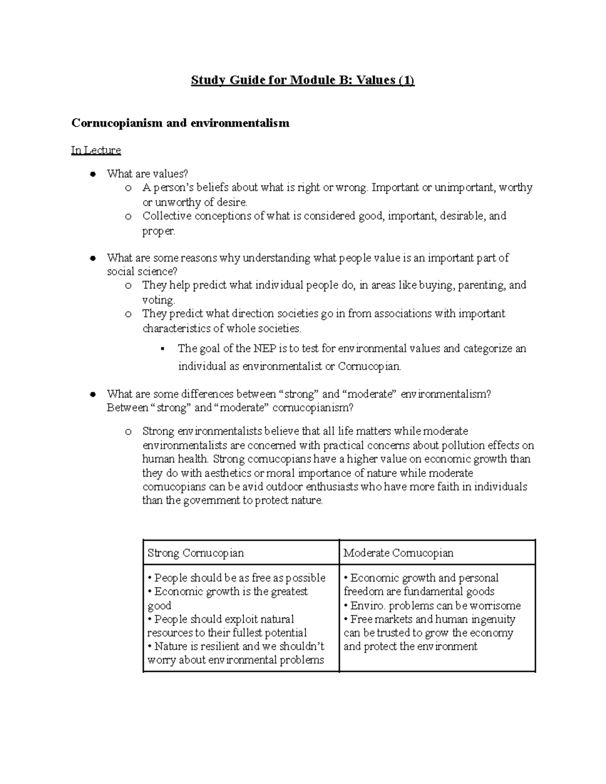 All Module Study Guides - PEI - Study Guide for Module B: Values (1 ...