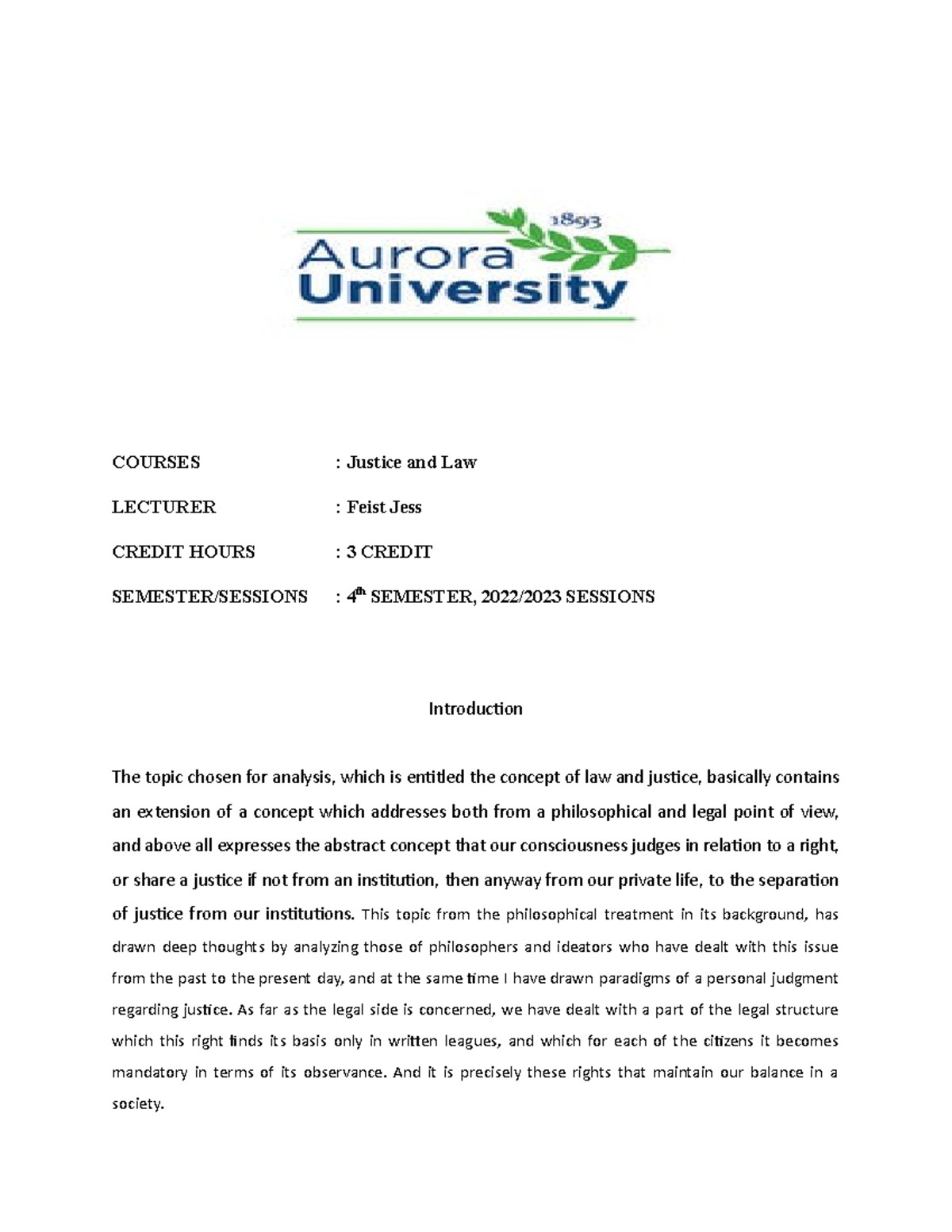 Introduction Justice and Law - COURSES : Justice and Law LECTURER ...