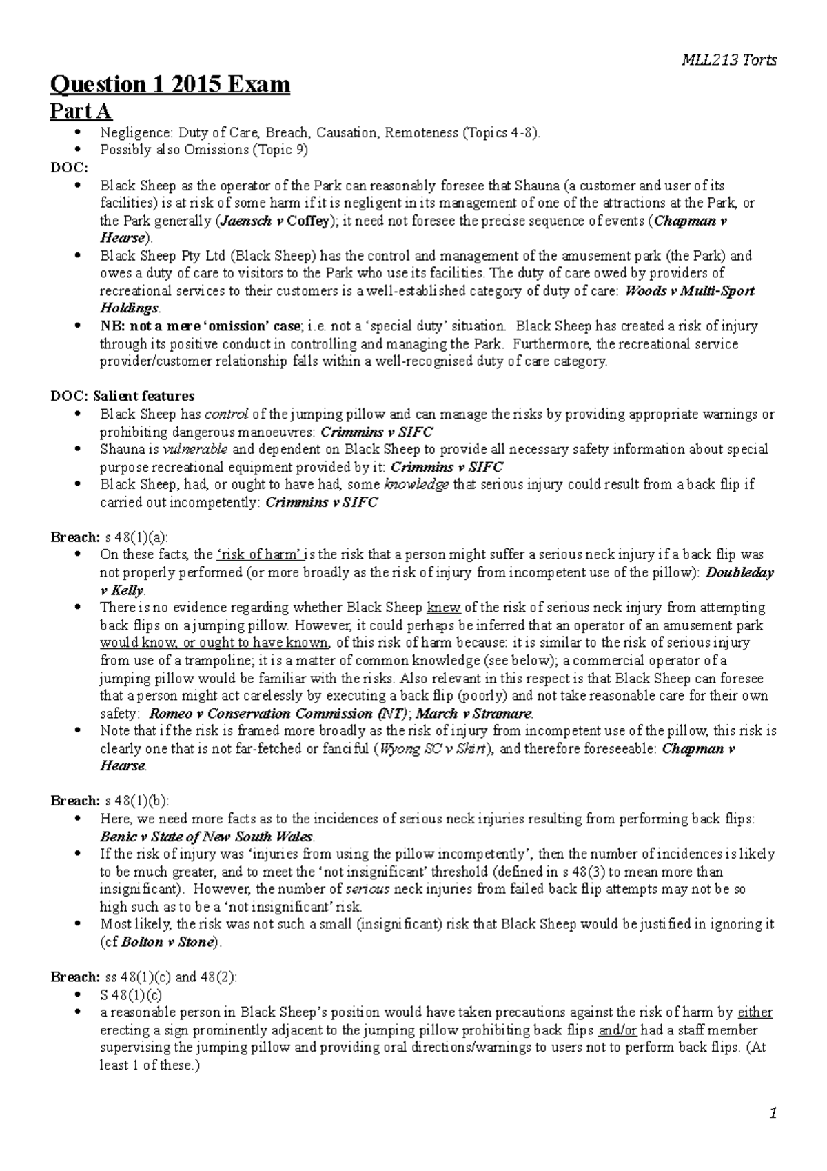Exam Revision Lecture - Question 1 2015 Exam Part A Negligence: Duty of ...