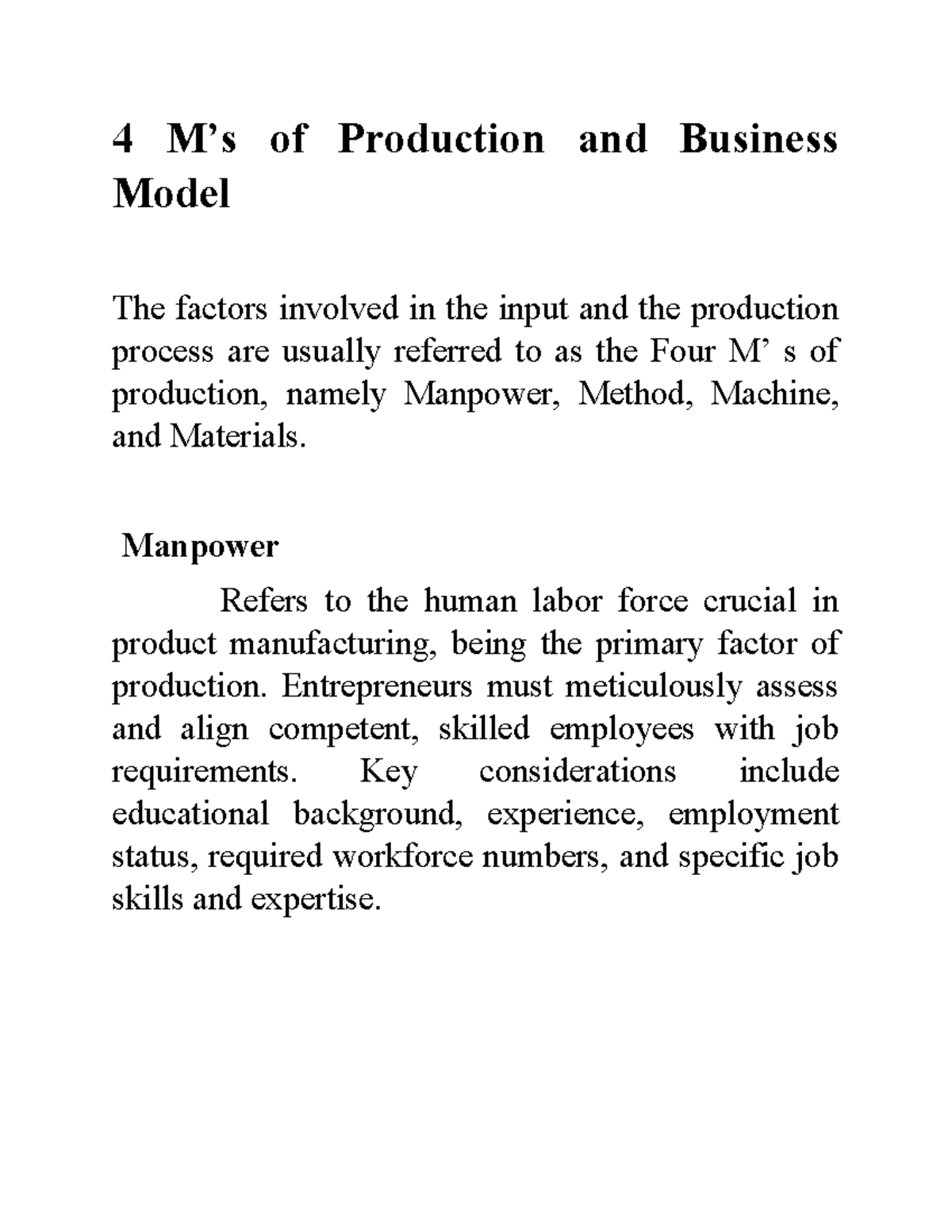 4-M - 4ms - 4 M’s of Production and Business Model The factors involved ...