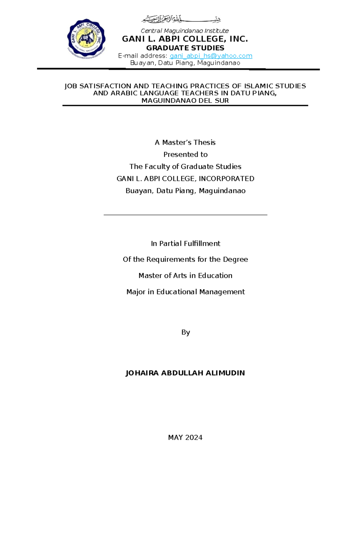 Front page - JJJKJ - Central Maguindanao Institute GANI L. ABPI COLLEGE ...