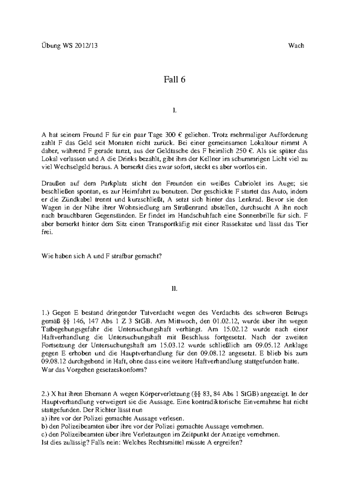 Fall 6 - Übungsfall Straf- und Strafverfahrensrecht - Übung WS 2012/13 ...