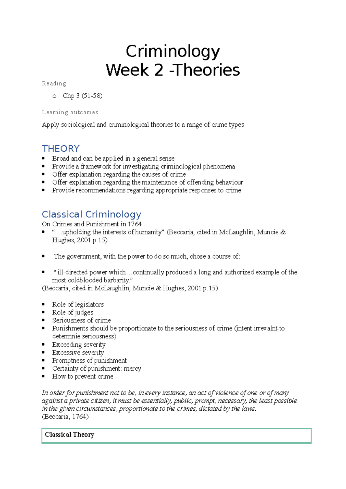Criminology wk 2 - Theories - Criminology Week 2 -Theories Reading o ...
