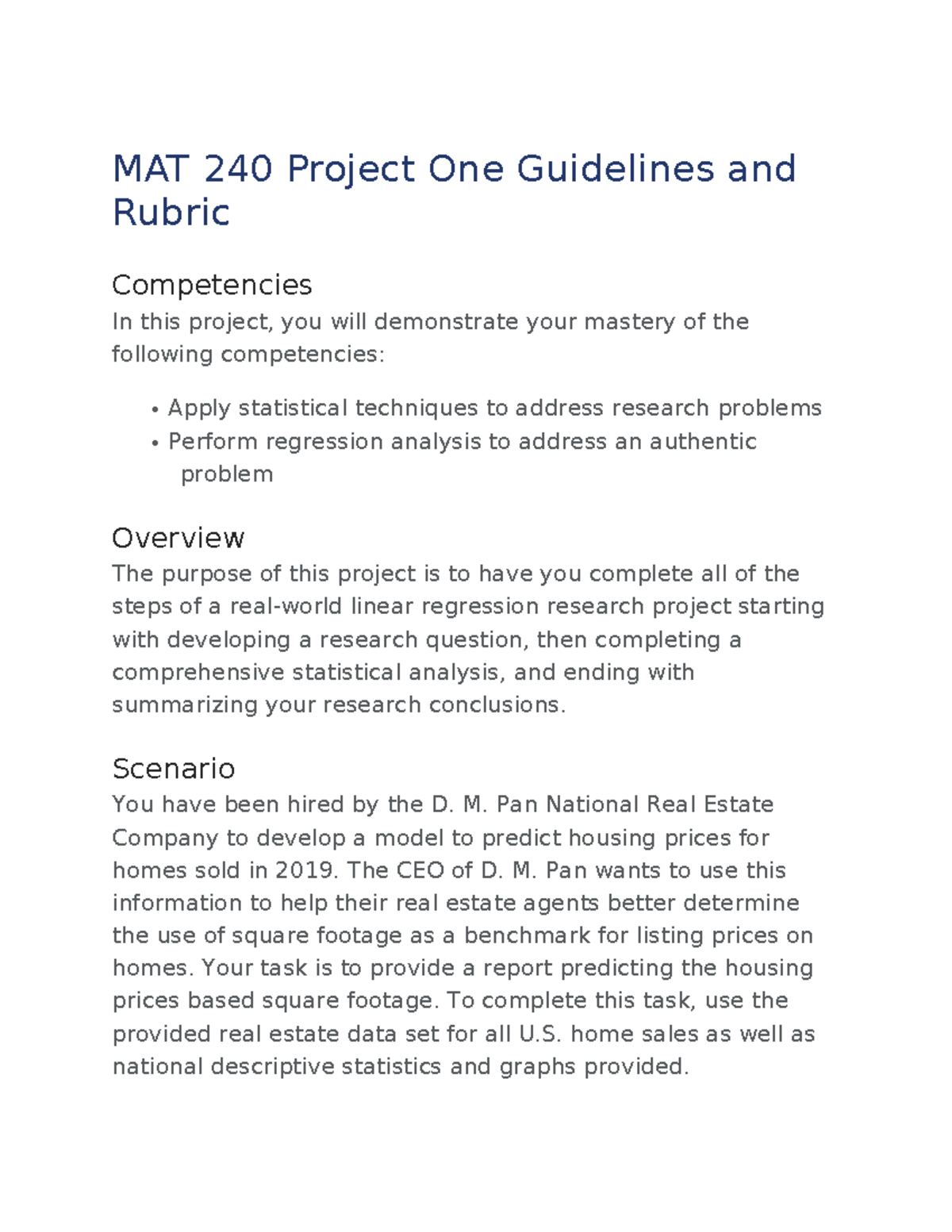 MAT 240 Project One Guidelines and Rubric - MAT 240 Project One ...