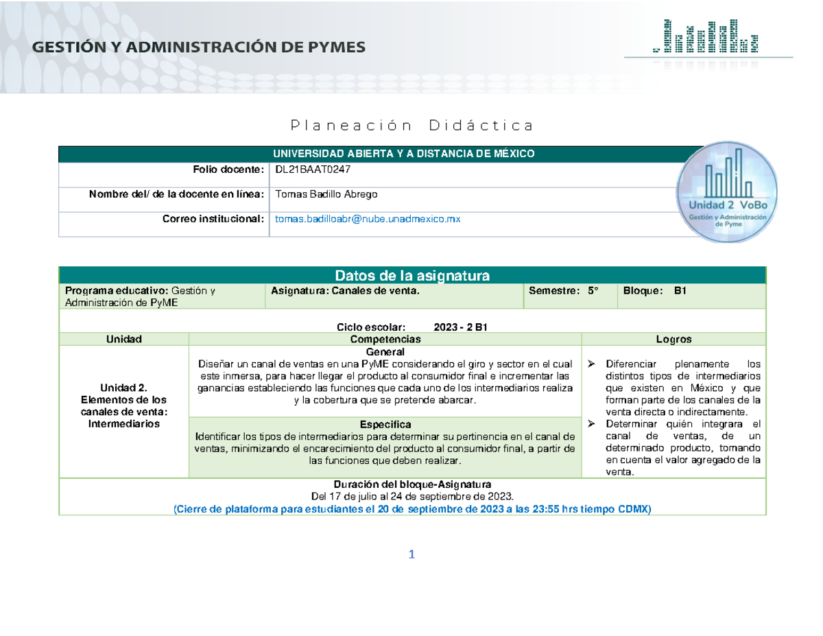 PD GCAV U2 Tomas Badillo Abrego - P l a n e a c i Û n D i d · c t i c a ...