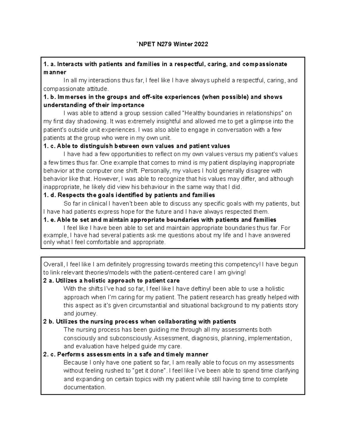 NPET - NURS 279 Clinical - `NPET N279 Winter 2022 1. a. Interacts with ...