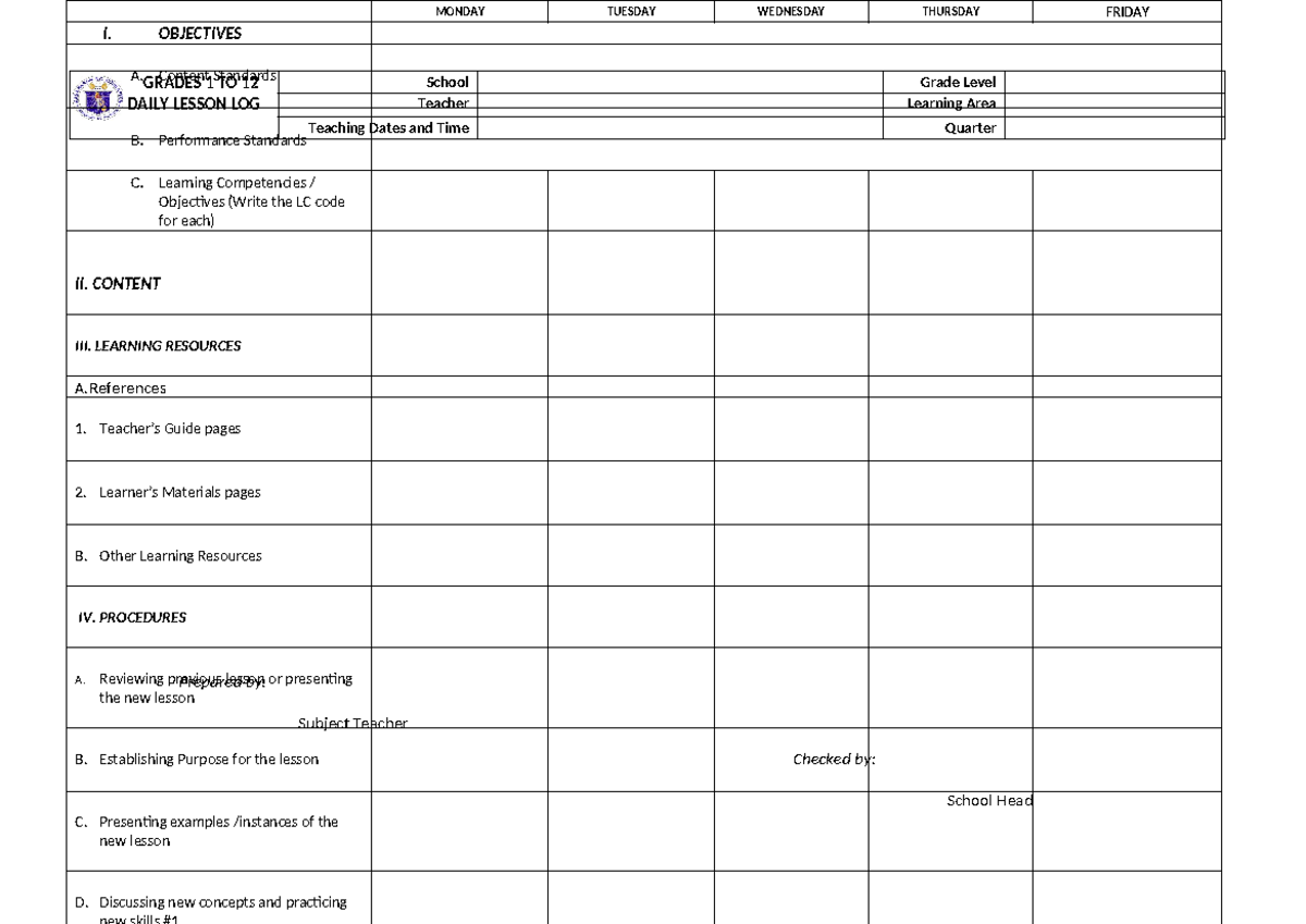 NEW Daily Lesson LOG - This is a template only. - Prepared by: Subject ...