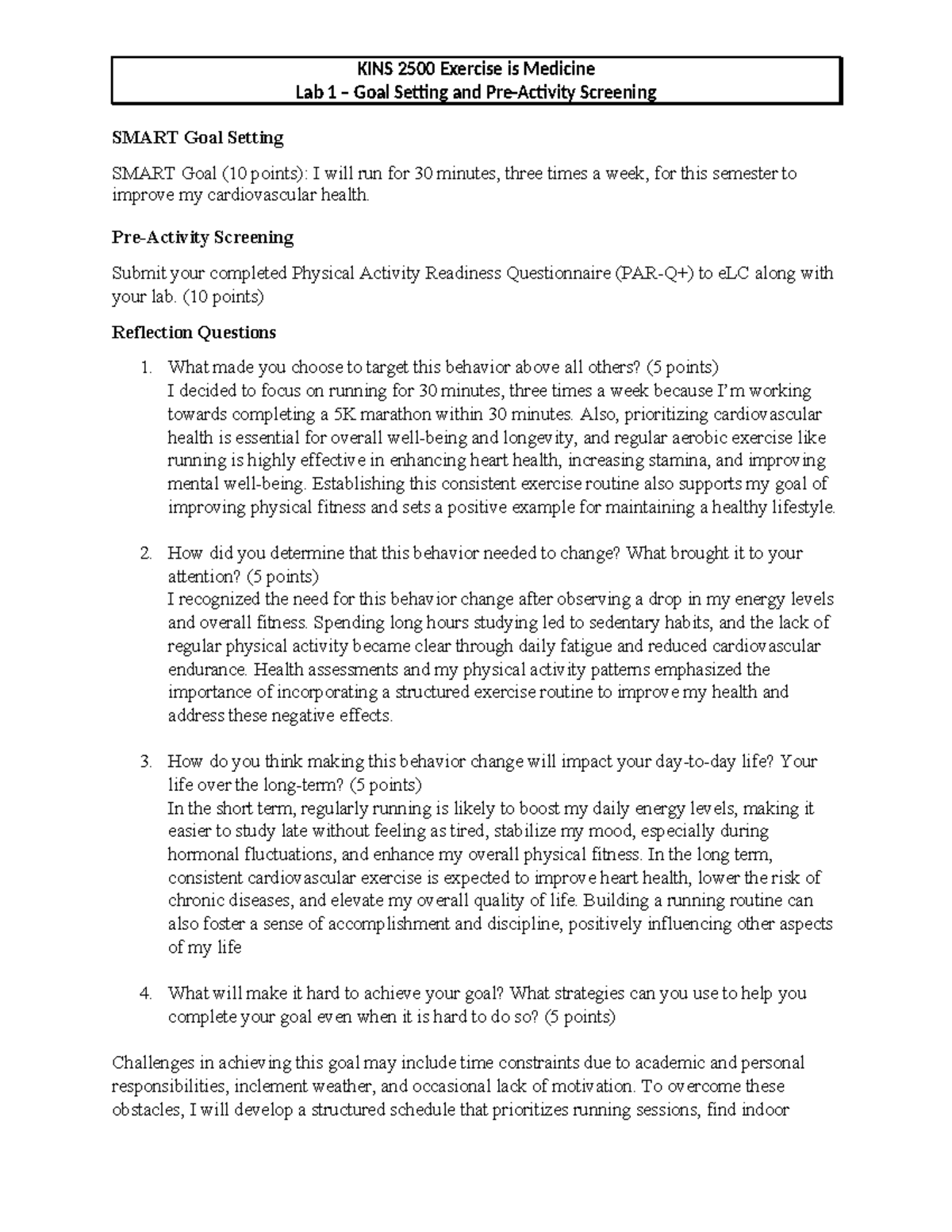 Lab 1 Data Sheet - lab data - KINS 2500 Exercise is Medicine Lab 1 ...