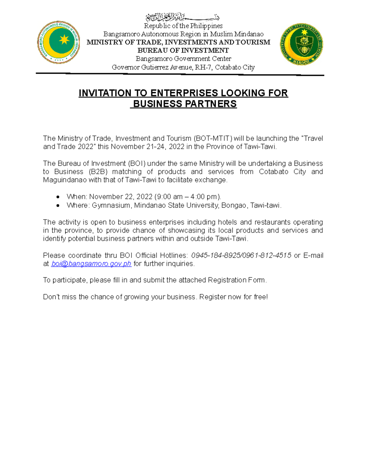 Invitation for the B2B - Republic of the Philippines Bangsamoro ...