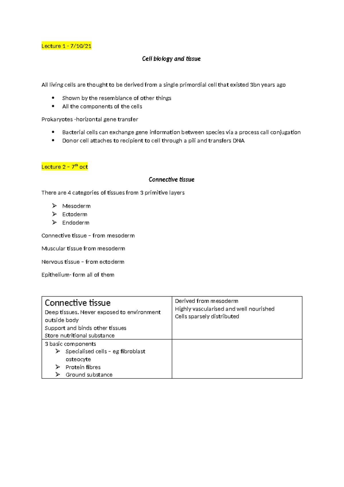 Cell tissue and biology - Lecture 1 - 7/10/ Cell biology and tissue All ...