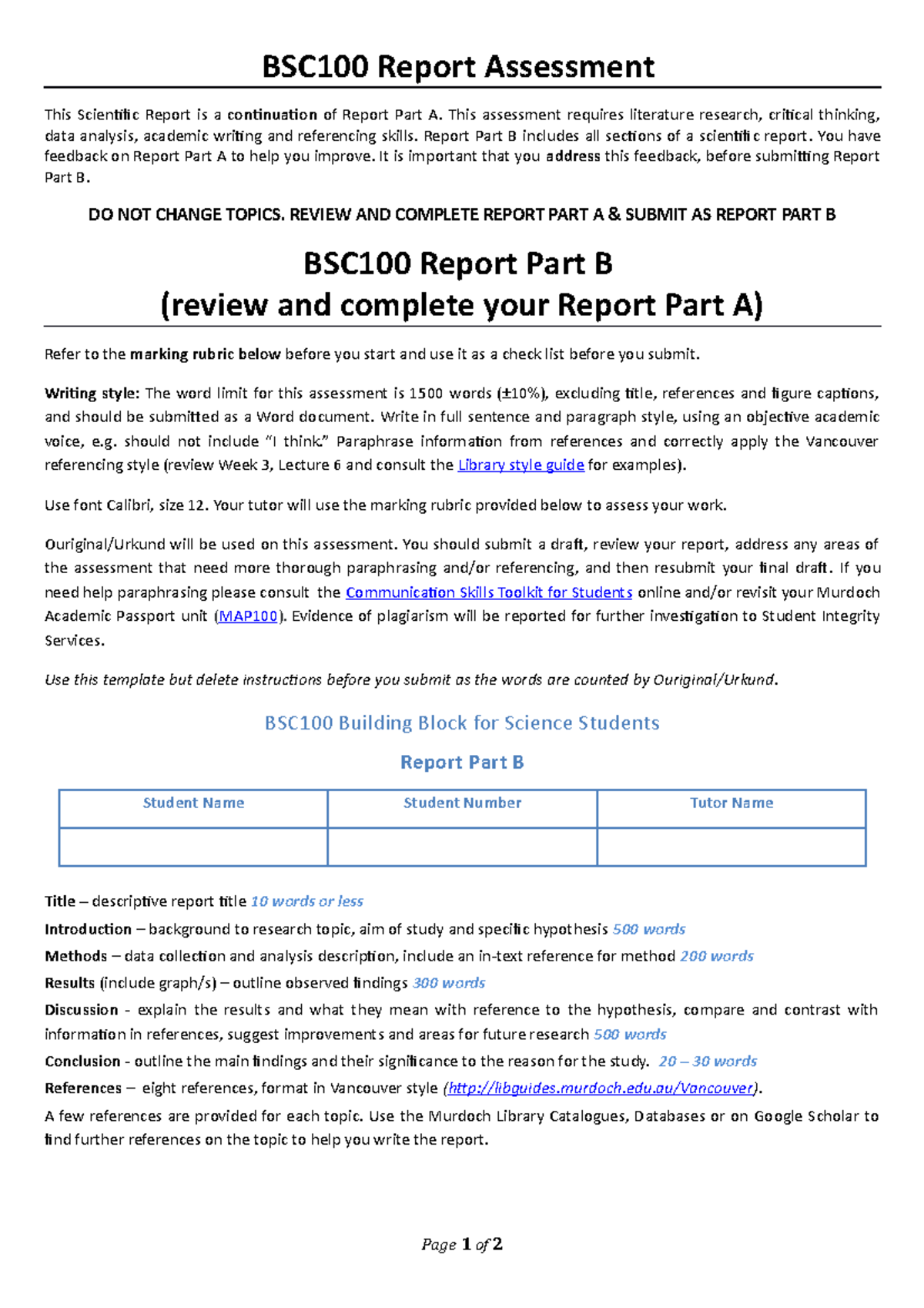 BSC100 s1 2021 Report Part B Final assignment info - BSC100 - Murdoch - Studocu