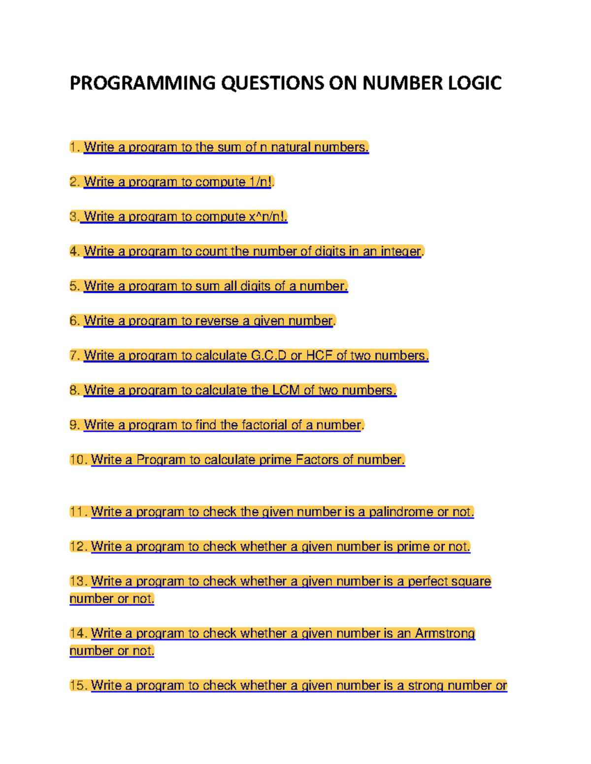 Practice dsa number - PROGRAMMING QUESTIONS ON NUMBER LOGIC 1. Write a program to the sum of n ...