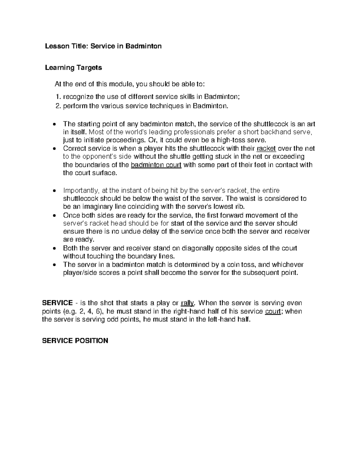 Service IN Badminton - Enjoy - Lesson Title: Service in Badminton ...