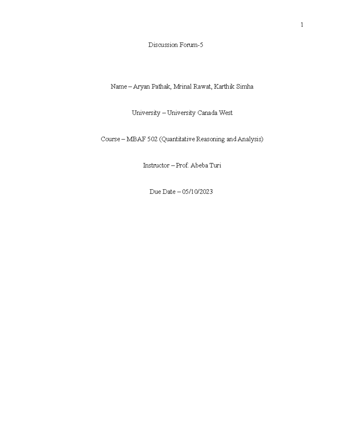 Discussion Forum 5 - Weekly summary for quant - Discussion Forum- Name ...