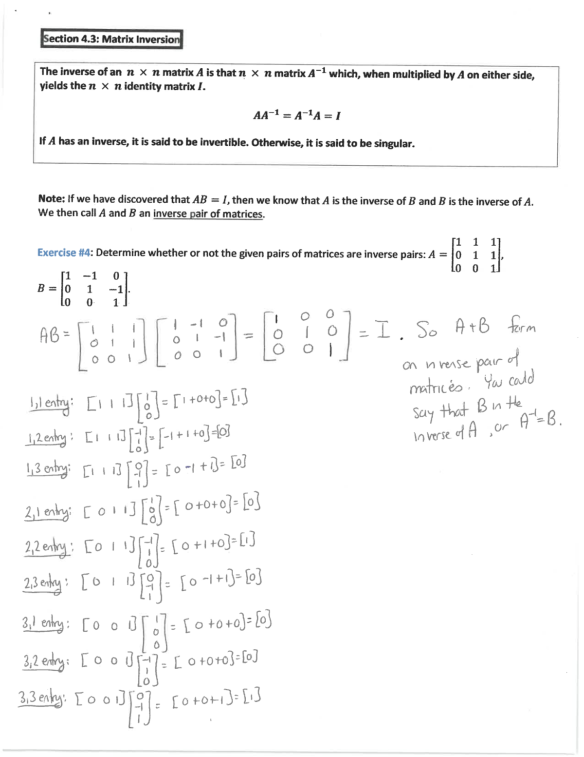 NKU MAT 114 Sec 4.3 Filled In Notes - Section 4: Matrix Inversion The ...