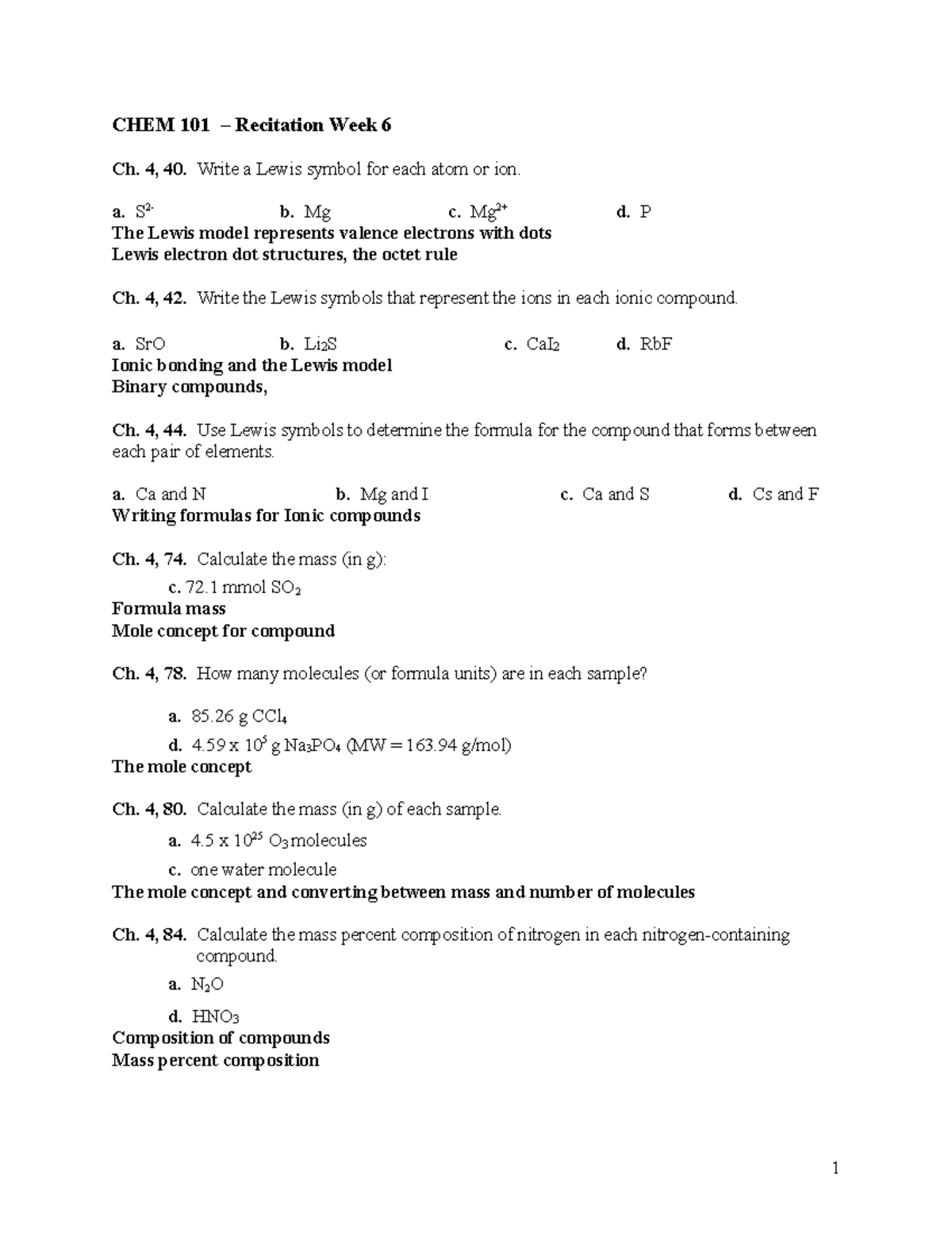 CHEM 101 2014 Week 2 - Recitation with all questions - CHEM 101 ...