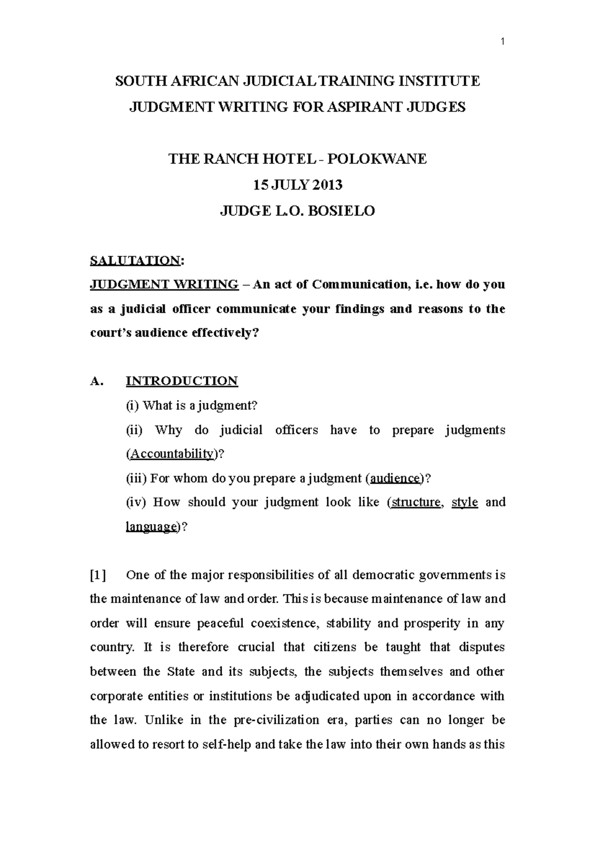 SA Judicial Training Institute Speech - 21062013 - SOUTH AFRICAN ...