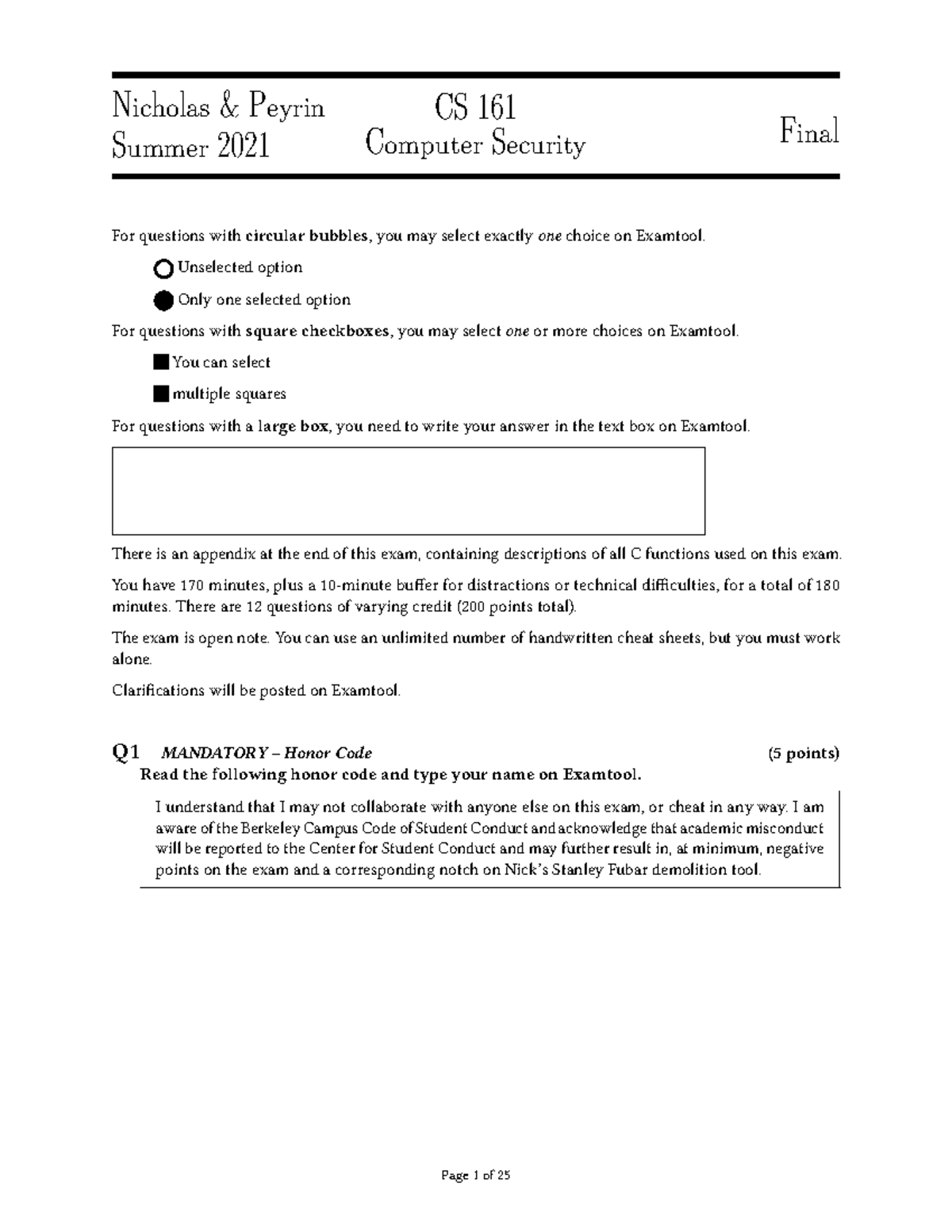 Su21final - cs161 wiil - Nicholas & Peyrin Summer 2021 CS 161 Computer Security Final For - Studocu