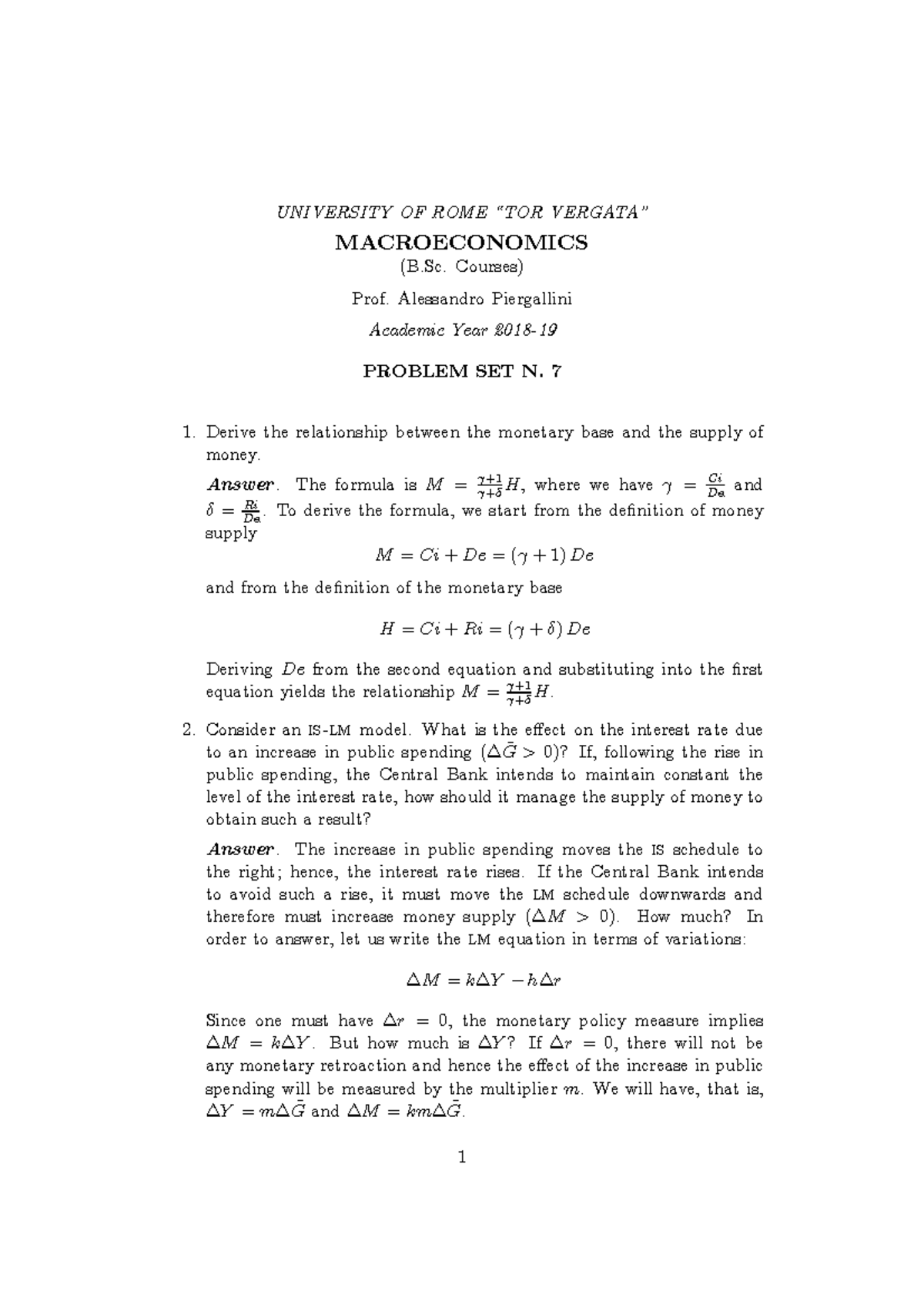 Macroeconomics Problem set n7 with answers - UNIVERSITY OF ROME “TOR ...