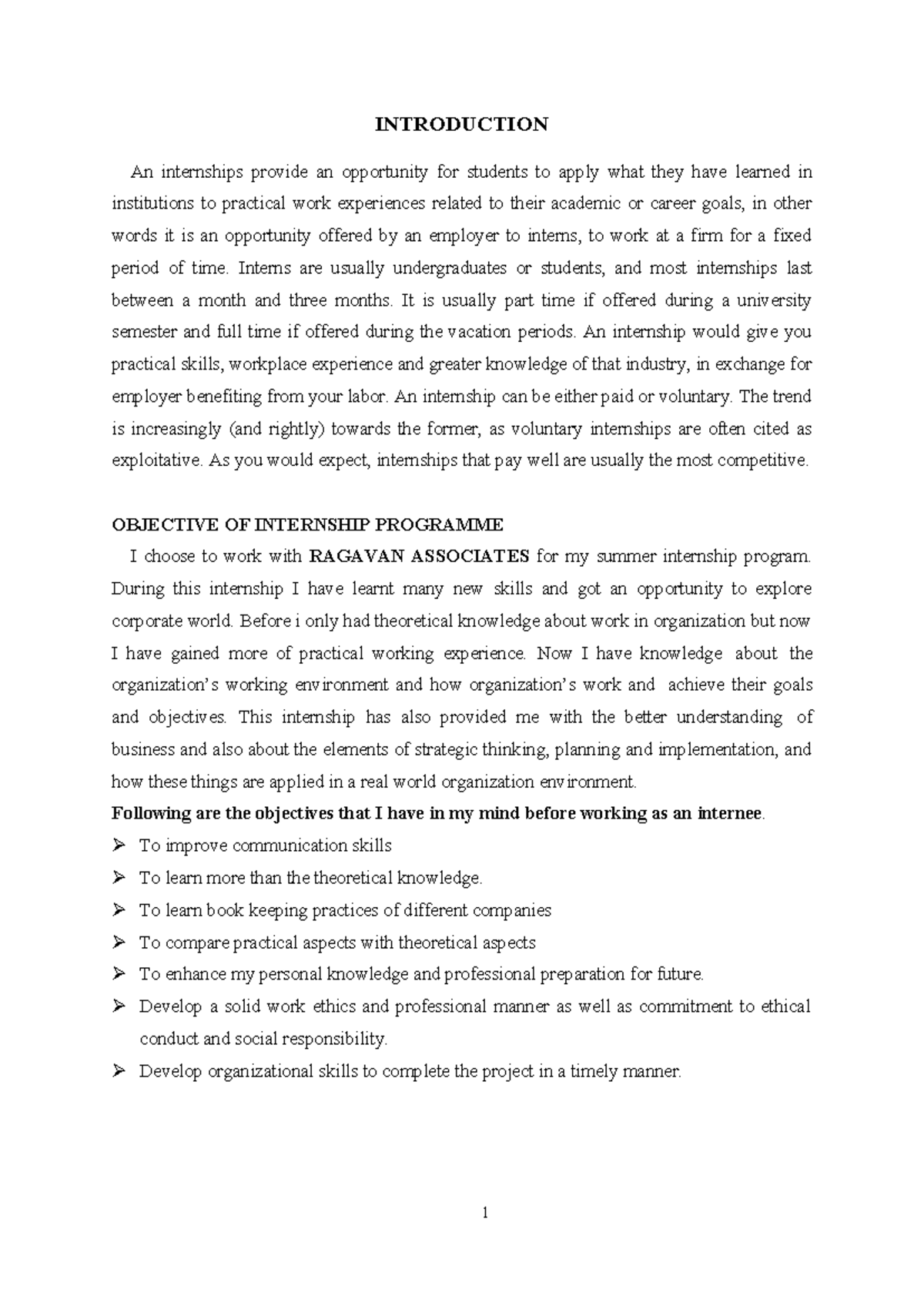 Reppot - cccc - INTRODUCTION An internships provide an opportunity for ...