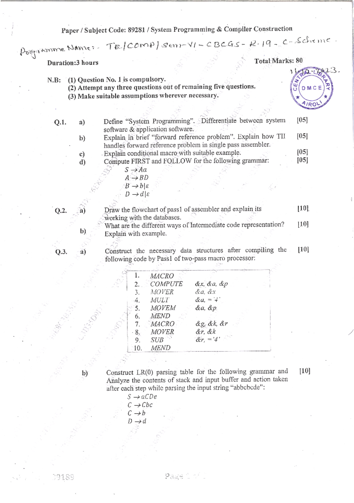 TE COM VI - Time table 2024 - Paper Subject Code: 89281 System Programming Compiler Construction ...
