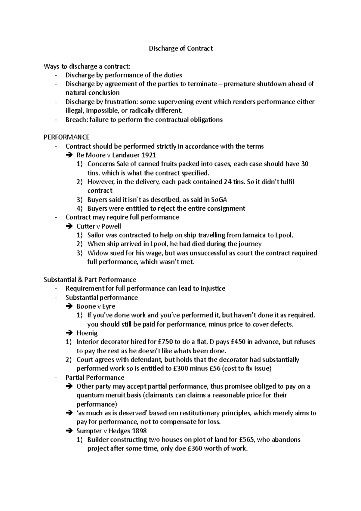 Discharge of Contract - Notes - Discharge of Contract Ways to discharge ...
