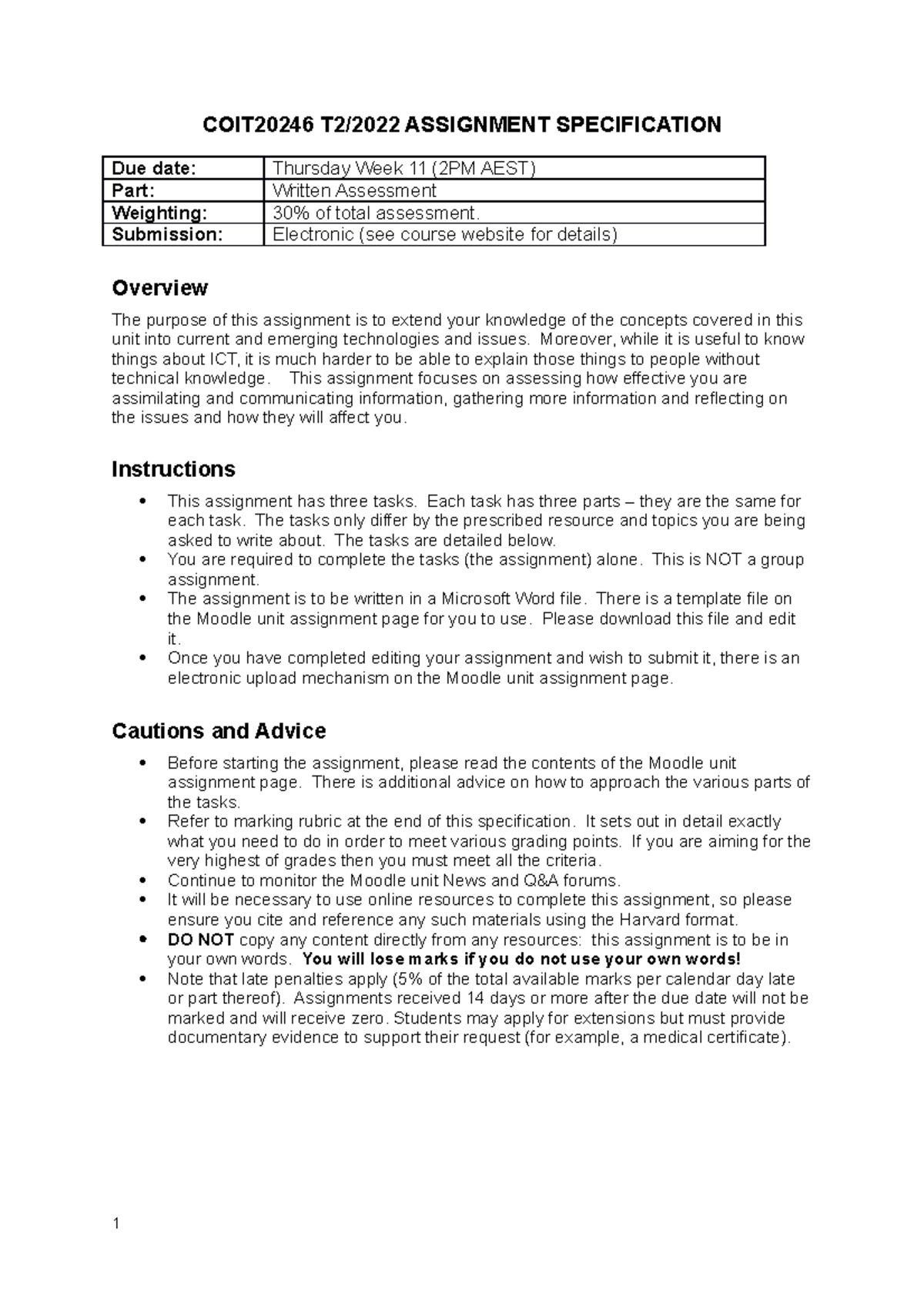 COIT20246 T2 2022 Assignment SPEC - COIT20246 T2/2022 ASSIGNMENT SPECIFICATION Due date ...