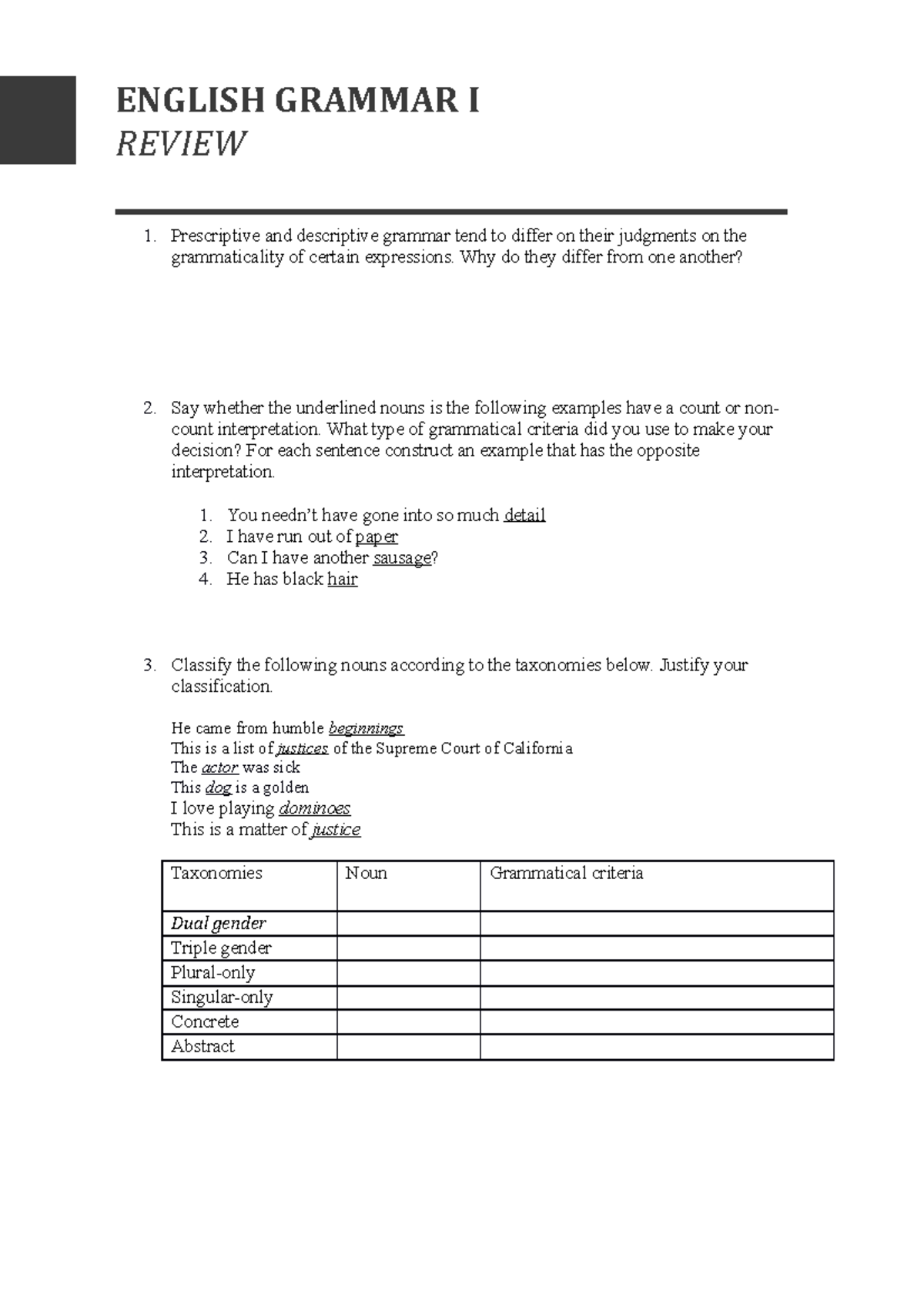 Exercises further review - ENGLISH GRAMMAR I REVIEW 1. Prescriptive and ...