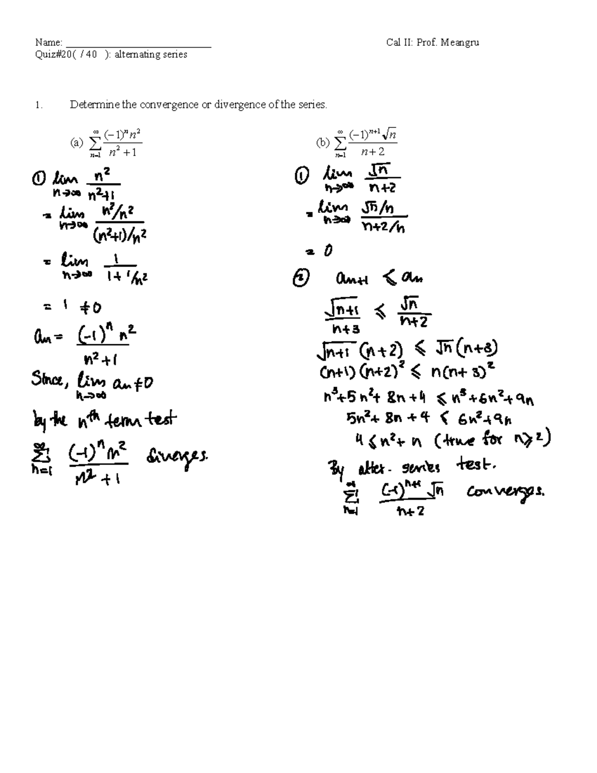 Quiz#20 Alternating series - Name: ___________________________ Cal II ...