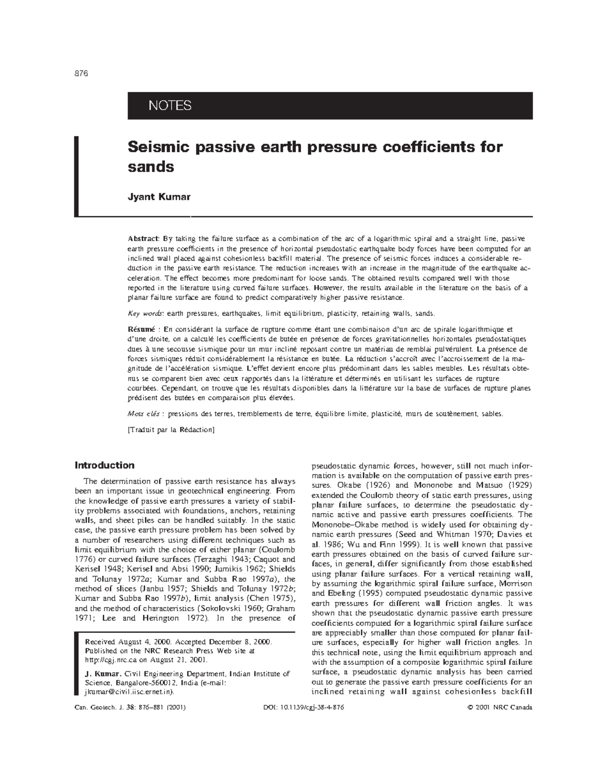 Seismic passive earth pressure coefficients for sands - NOTES Seismic ...