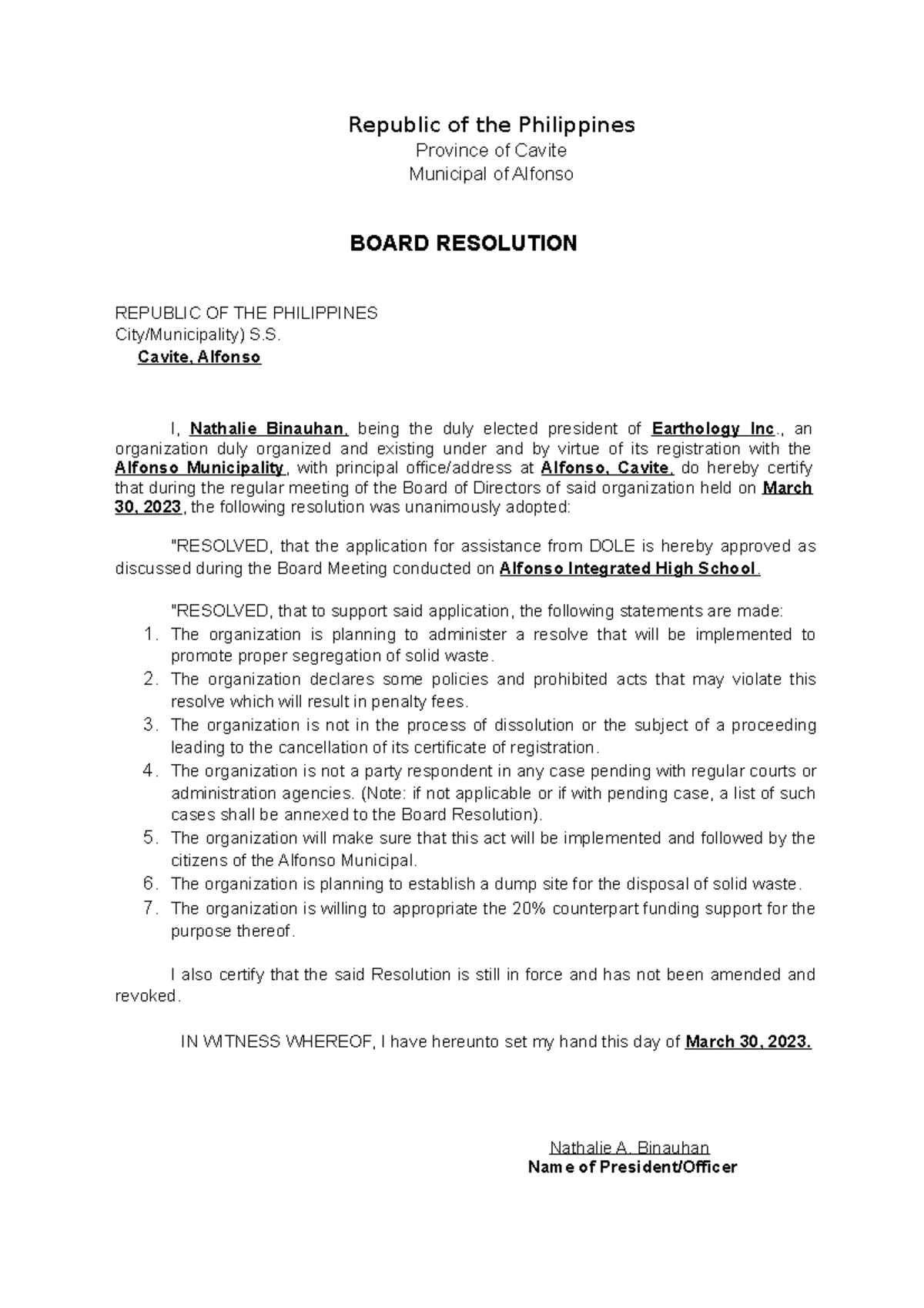 Board Res Fmt - nice - Republic of the Philippines Province of Cavite ...