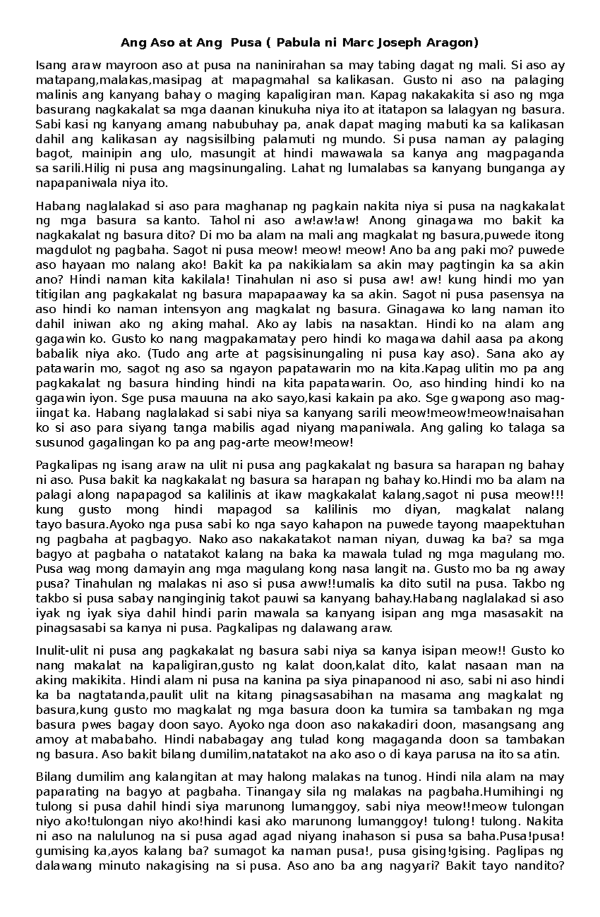 Ang Aso at Ang Pusa - STORY - Ang Aso at Ang Pusa ( Pabula ni Marc ...