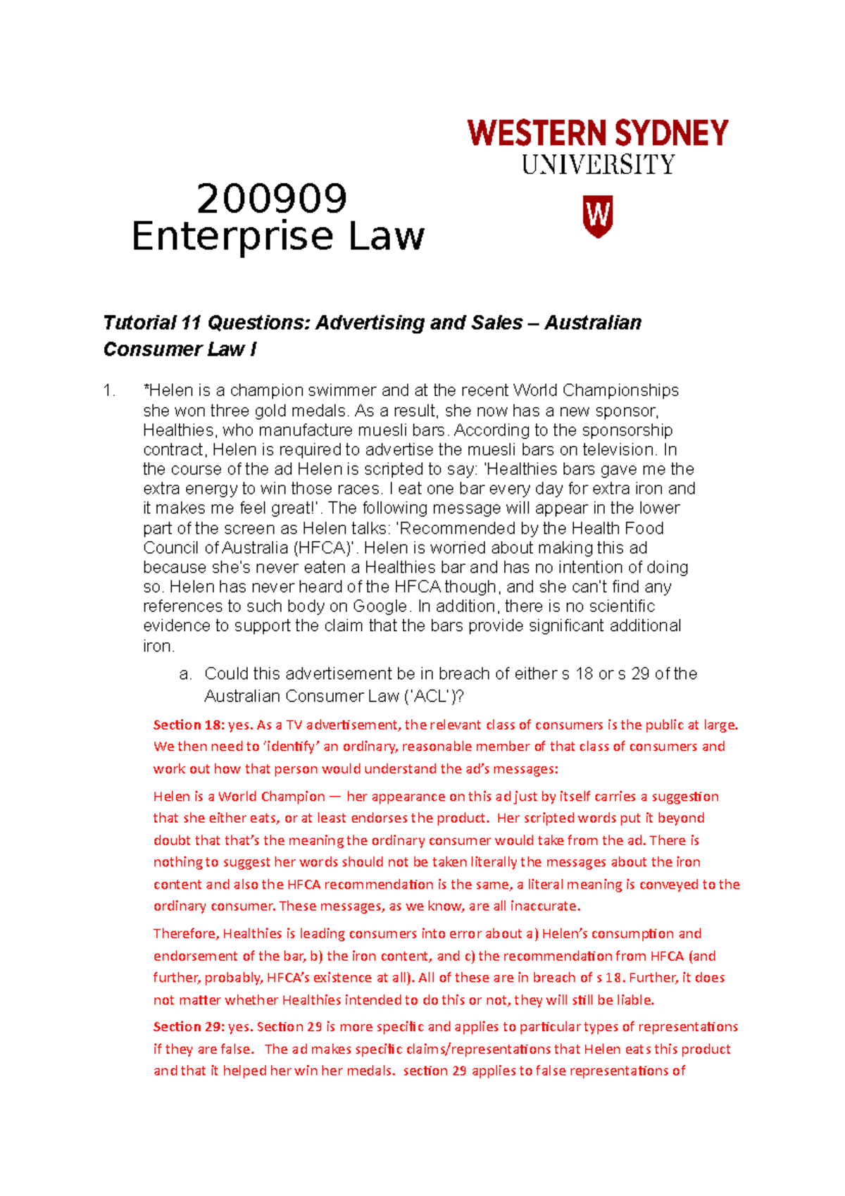Consumer Law Tutorial answers(1) - 200909 Enterprise Law Tutorial 11 Questions: Advertising and ...
