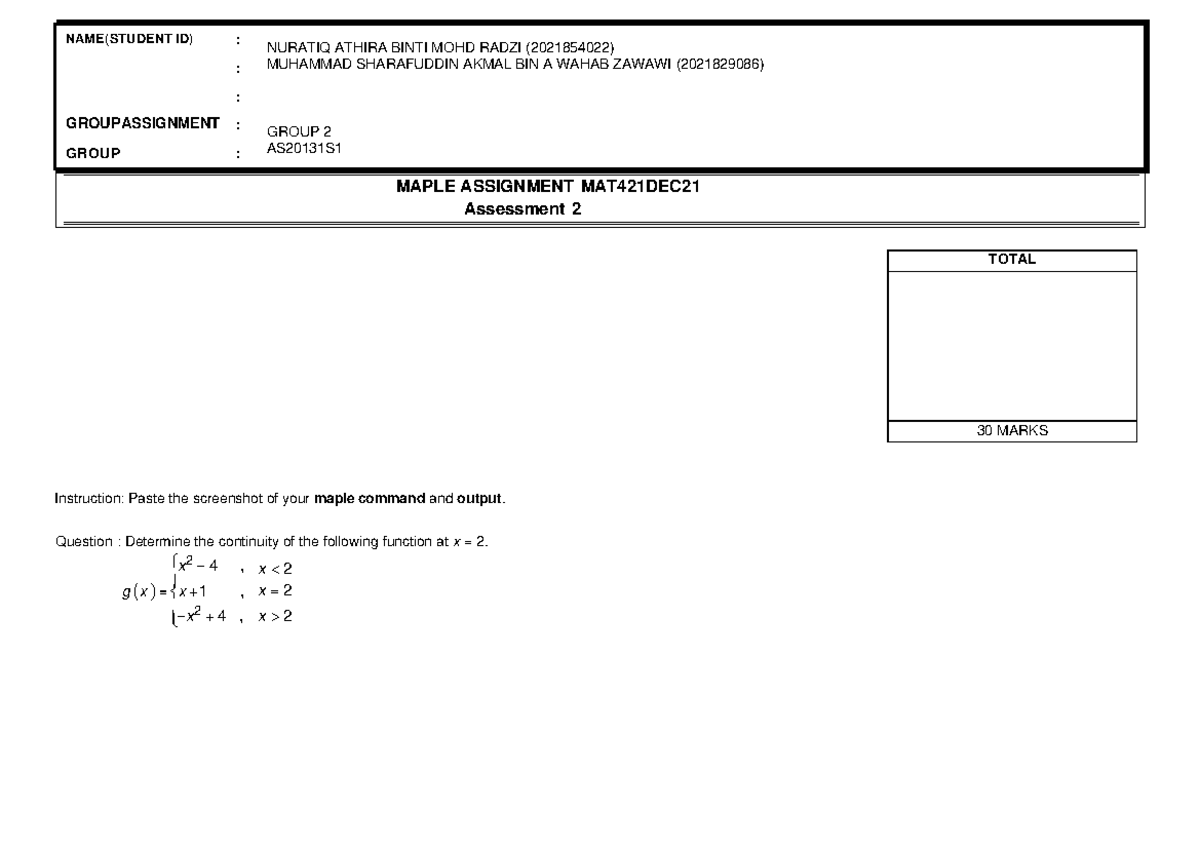 Maple Assignment MAT421 Group 2 - ý þ MAPLE ASSIGNMENT MAT421DEC Assessment 2 ####### NURATIQ ...