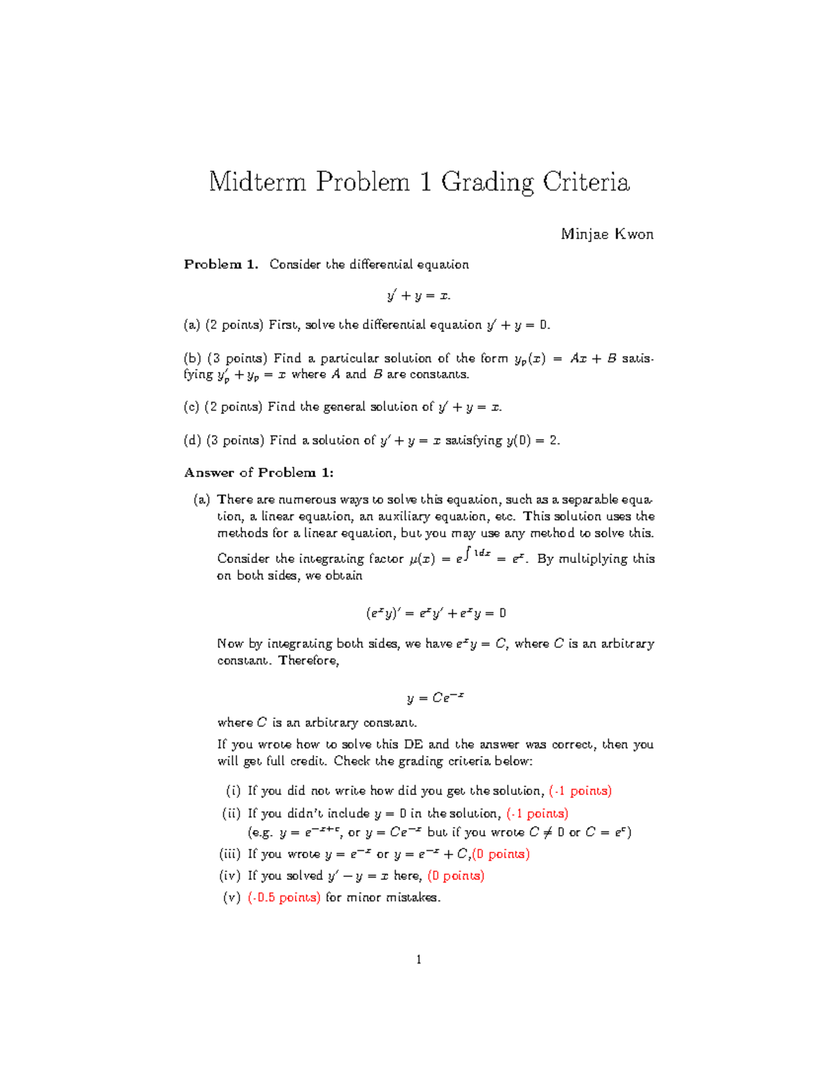 Midterm Sol and Criteria - Midterm Problem 1 Grading Criteria Minjae Kwon Problem 1. Consider ...